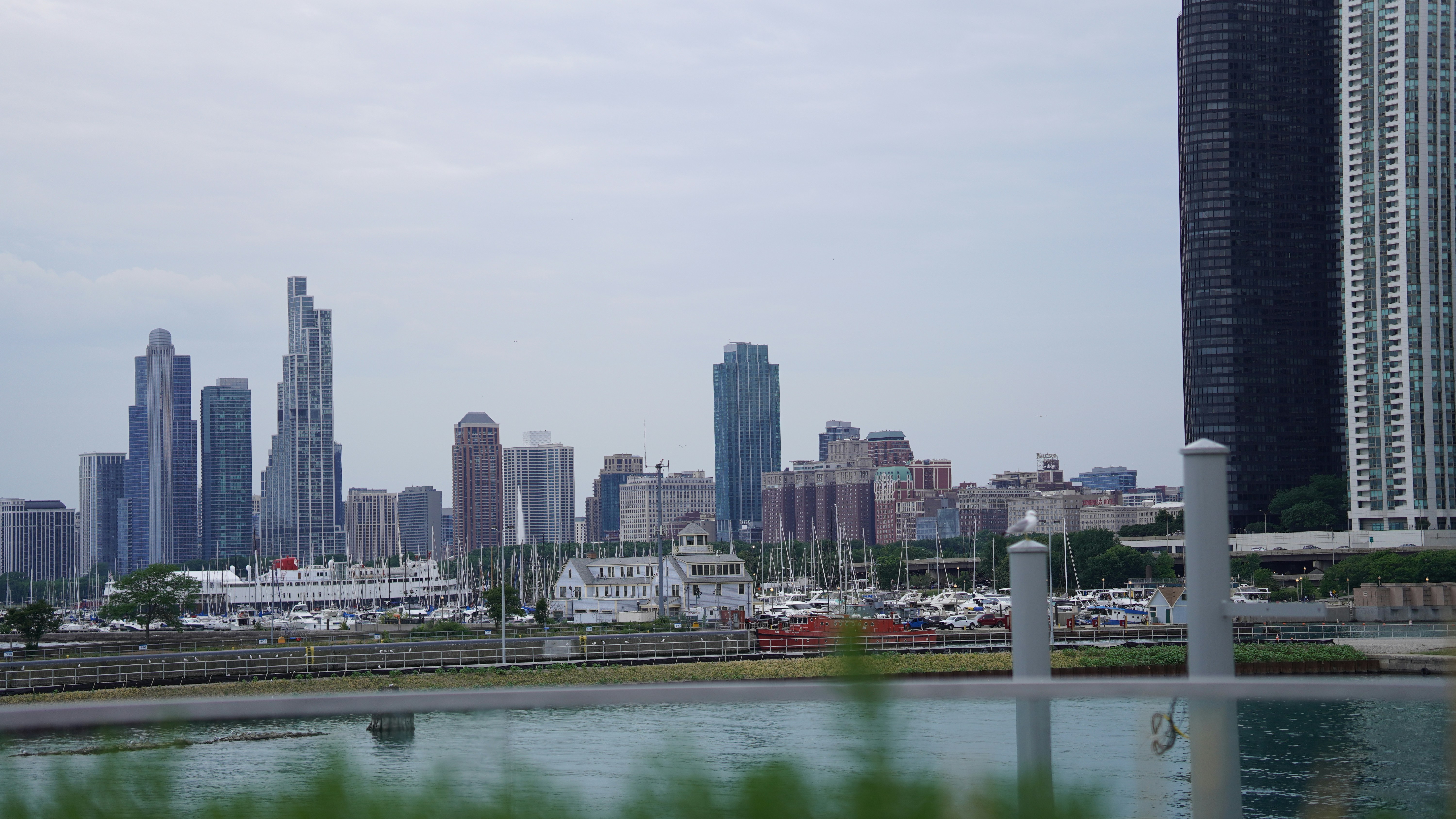 City skyline featuring modern skyscrapers and a marina filled with yachts, framed by lush greenery in the foreground.