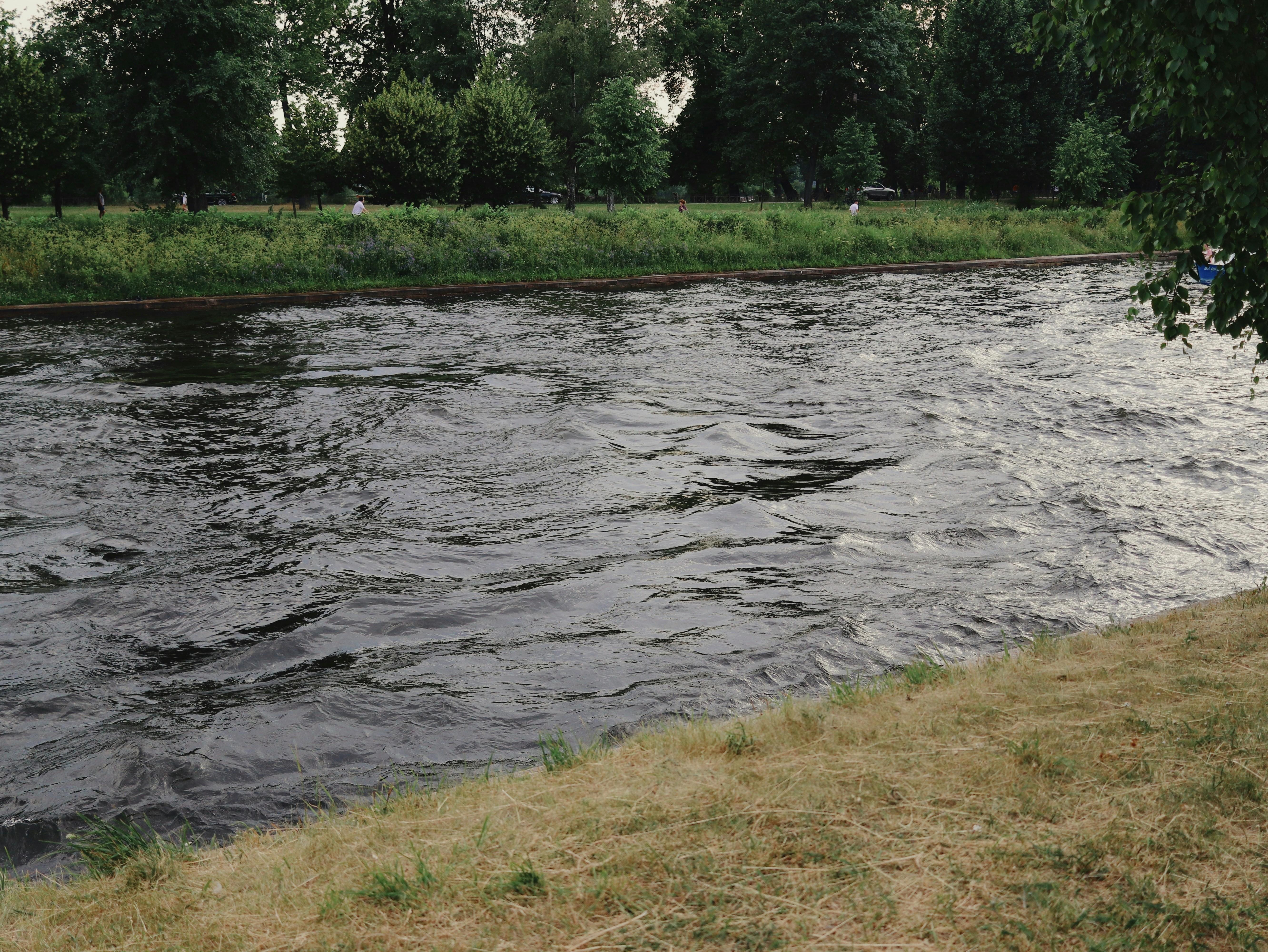 A serene river flows gently, bordered by lush greenery and distant trees. The water's surface reflects the surrounding nature.