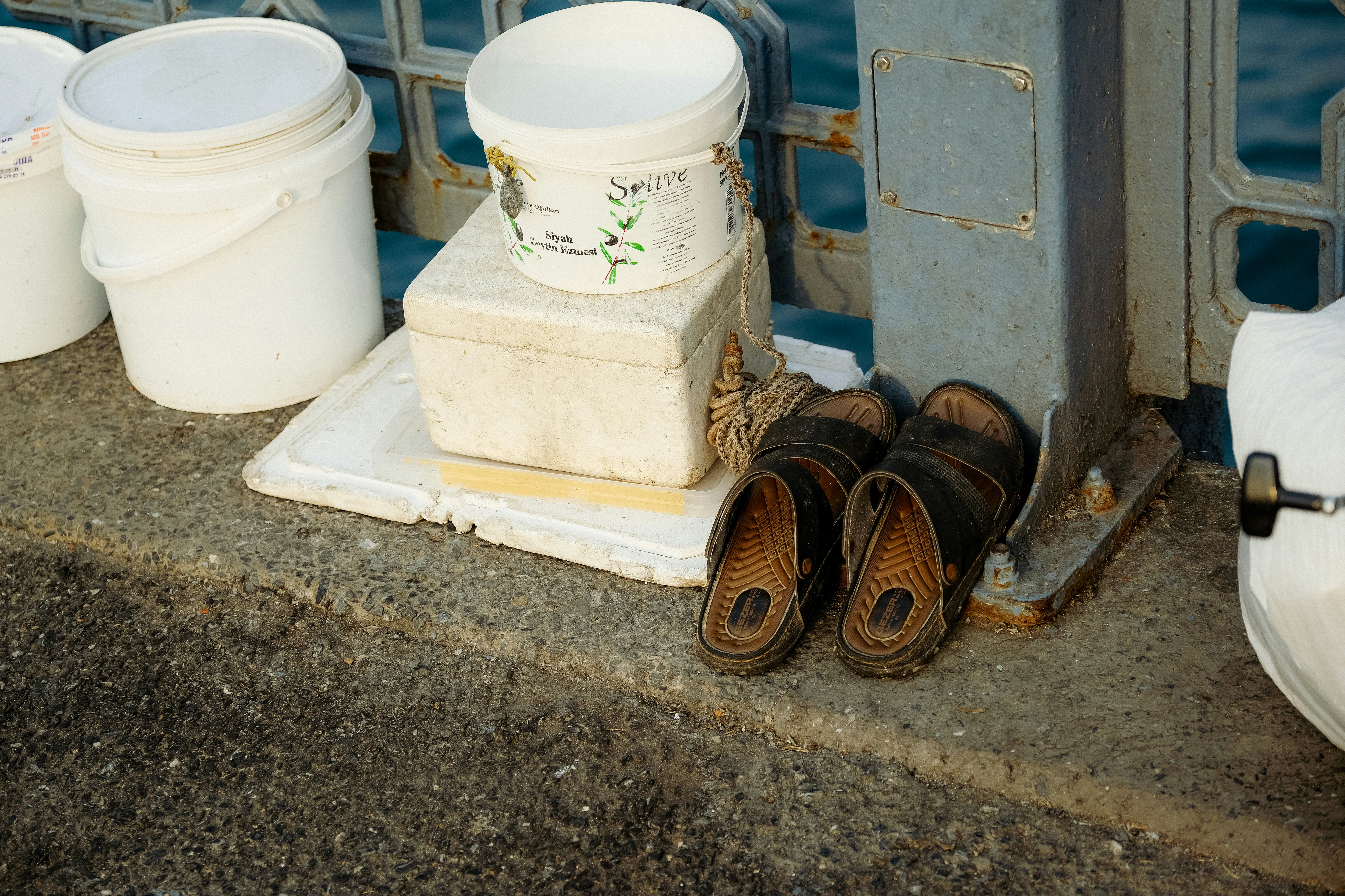 a toilet with boots next to it
