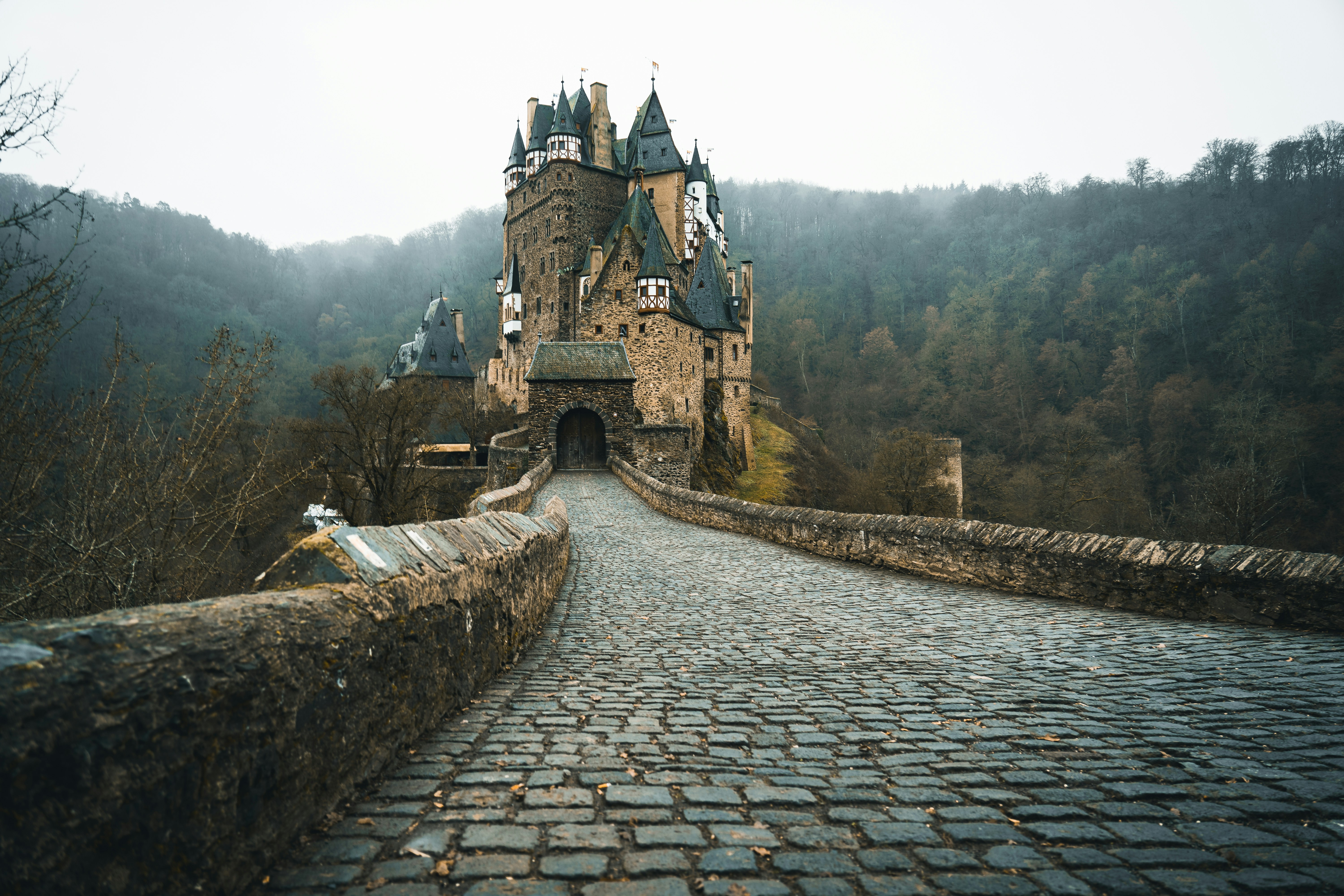 Stone bridge leading to the medieval Eltz Castle surrounded by lush forest in overcast light.