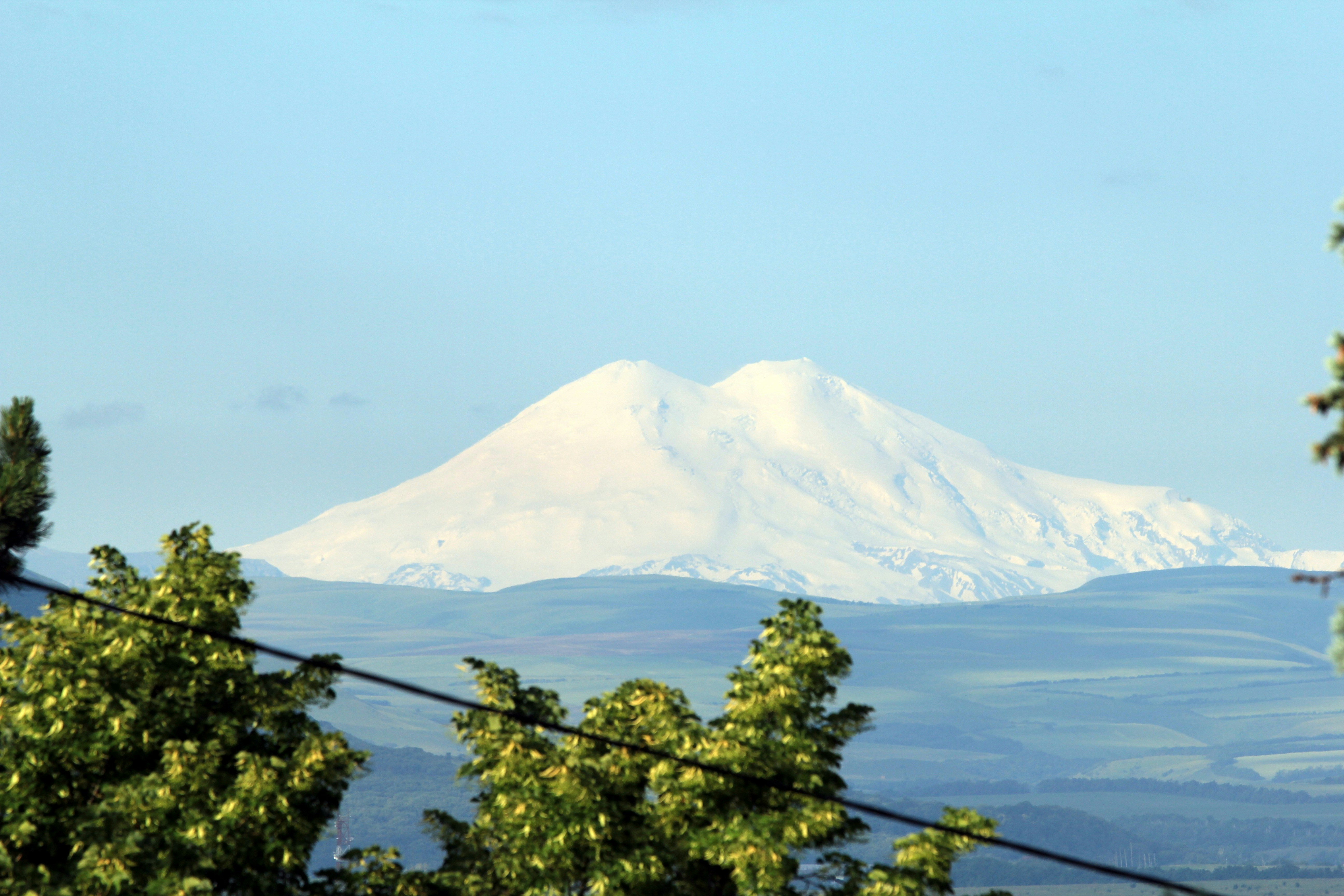 Distant snow-capped Mount Elbrus under a clear blue sky, framed by lush green trees in the foreground.