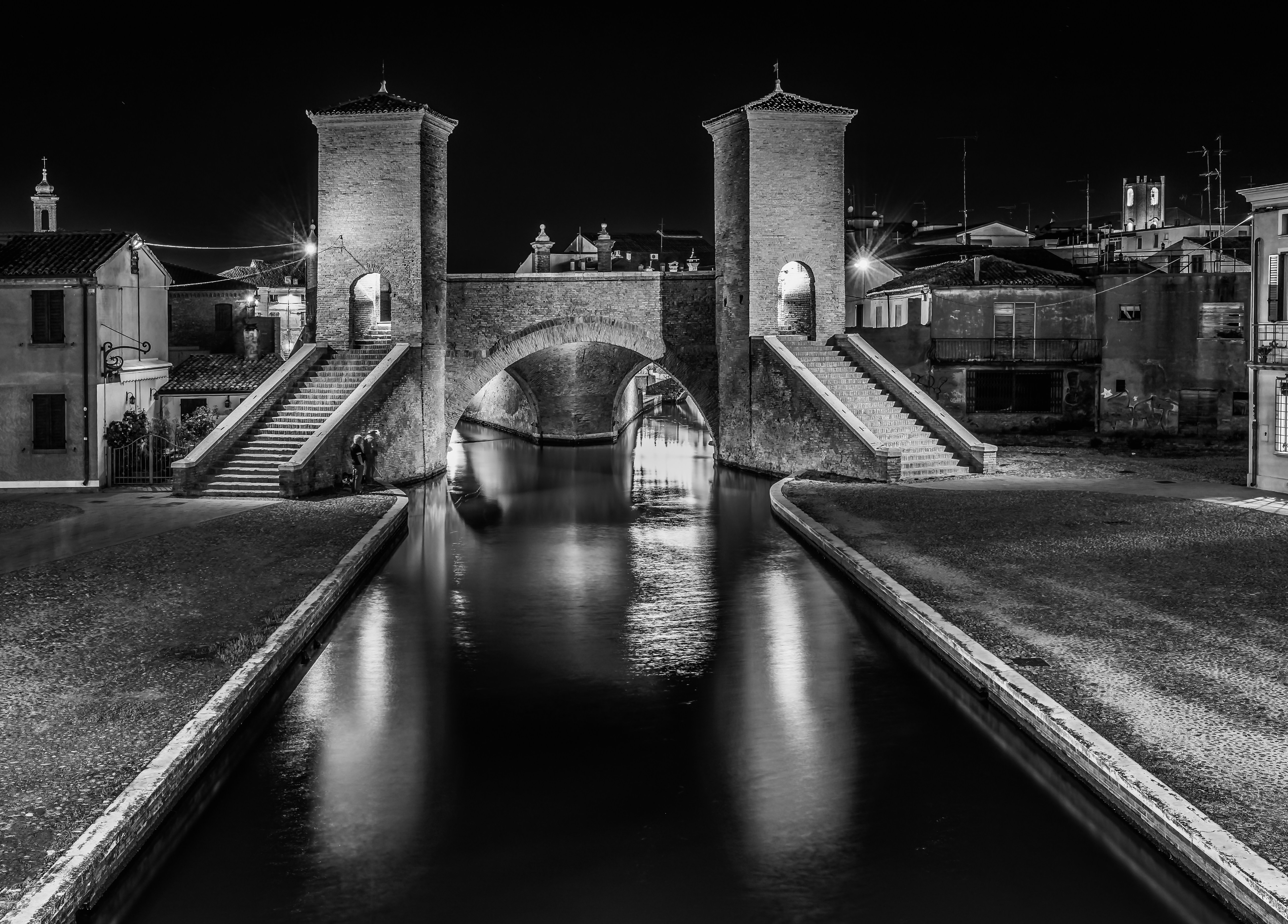 Nocturnal Twin Gateways Over a Velvet Canal