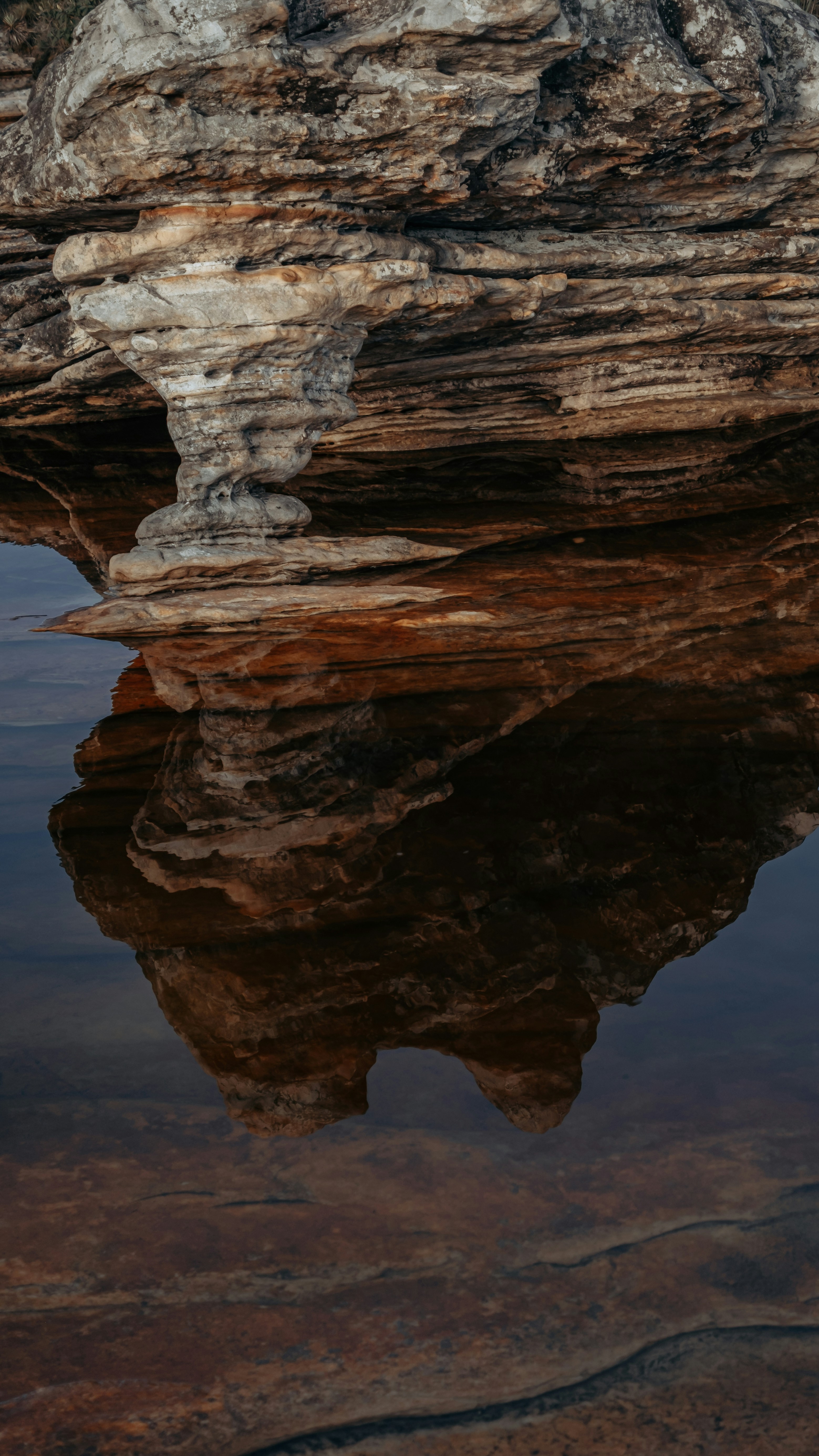 Stone Choir in Still Water: A Weathered Rock Spire Mirrored
