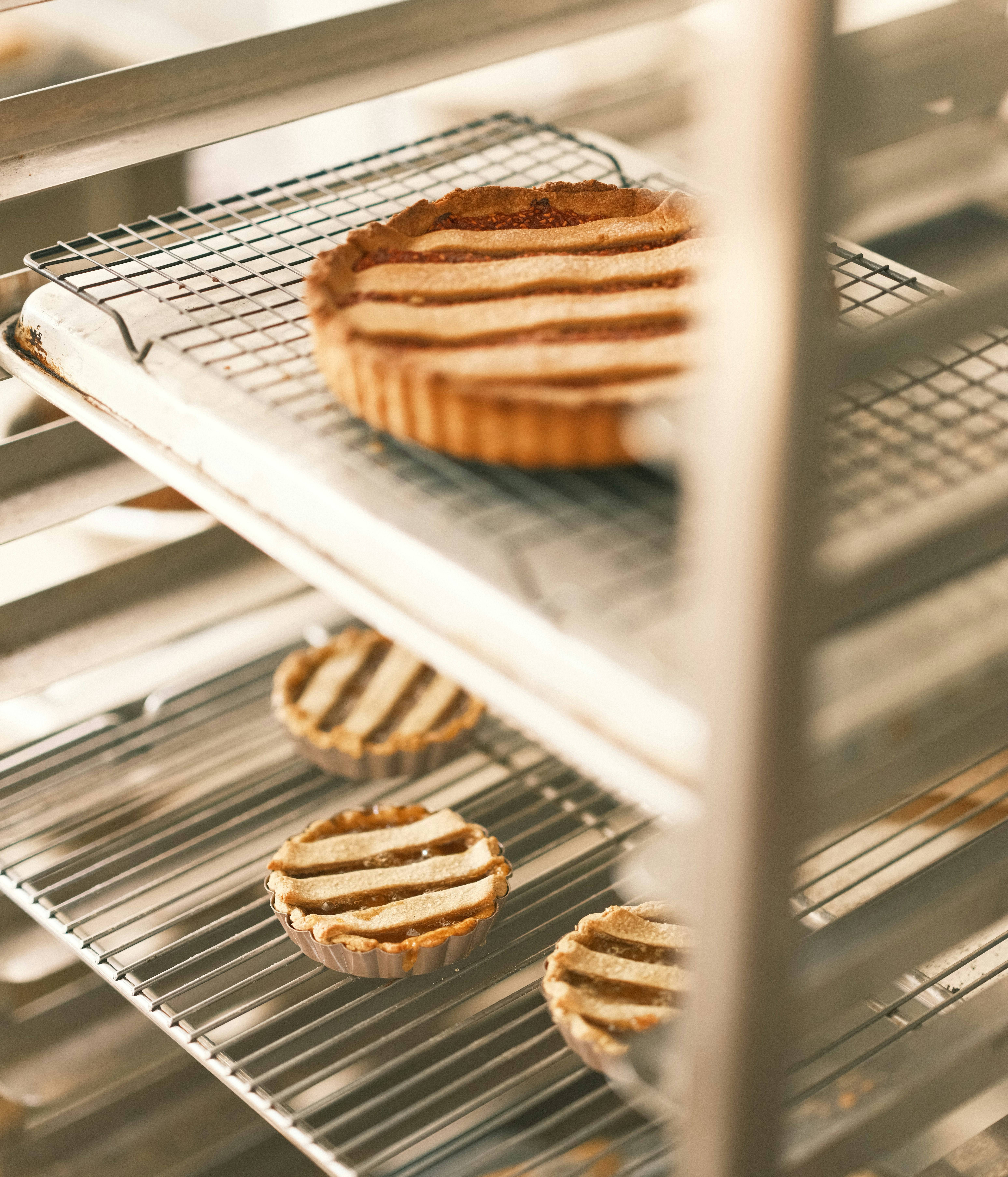 Warm-toned photograph of lattice-topped tarts cooling on metal racks inside a glass display, with soft light highlighting flaky pastry.