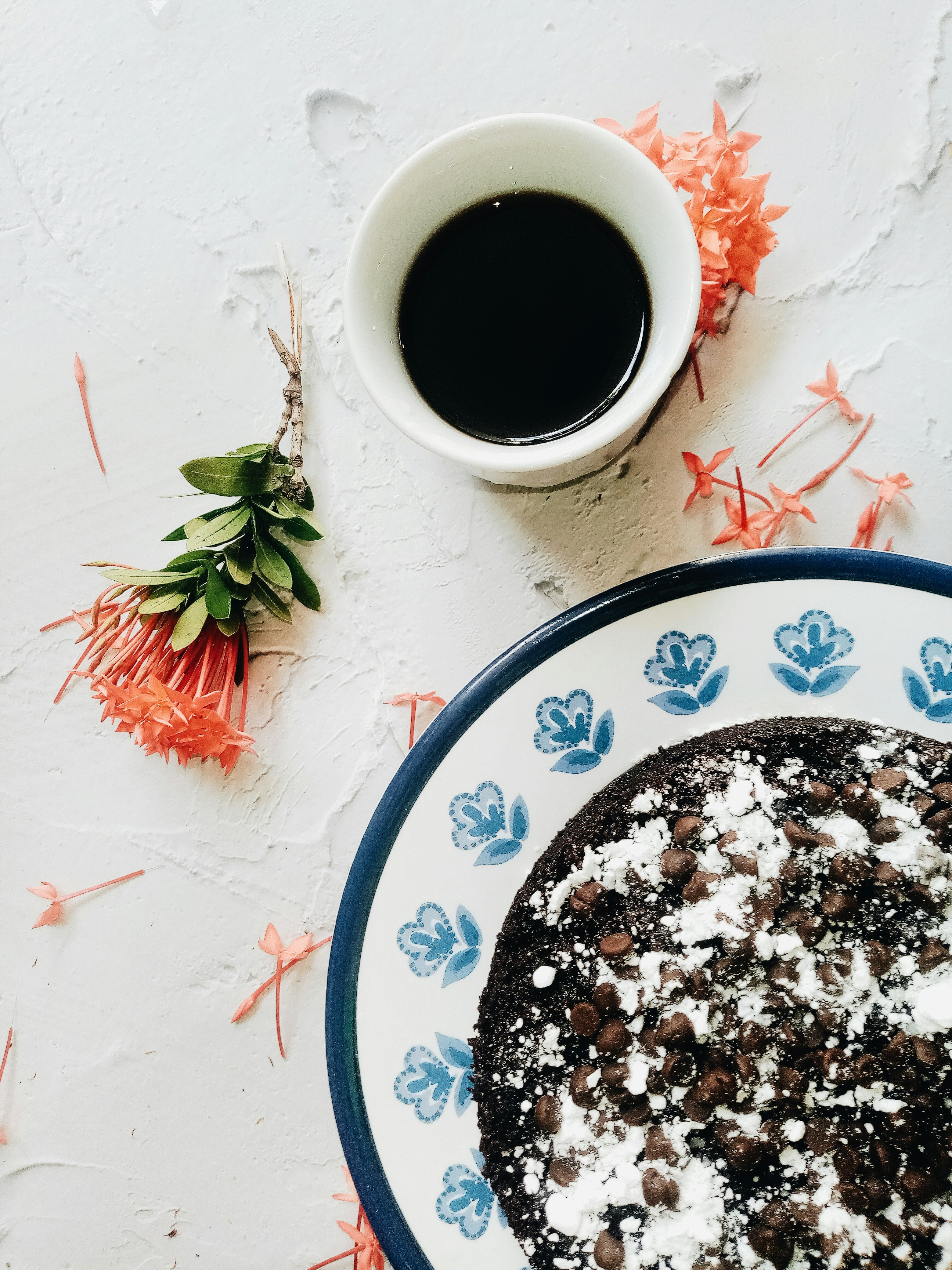 Chocolate cake with powdered sugar and chocolate chips on a floral-patterned plate beside a cup of black coffee and scattered orange flowers.