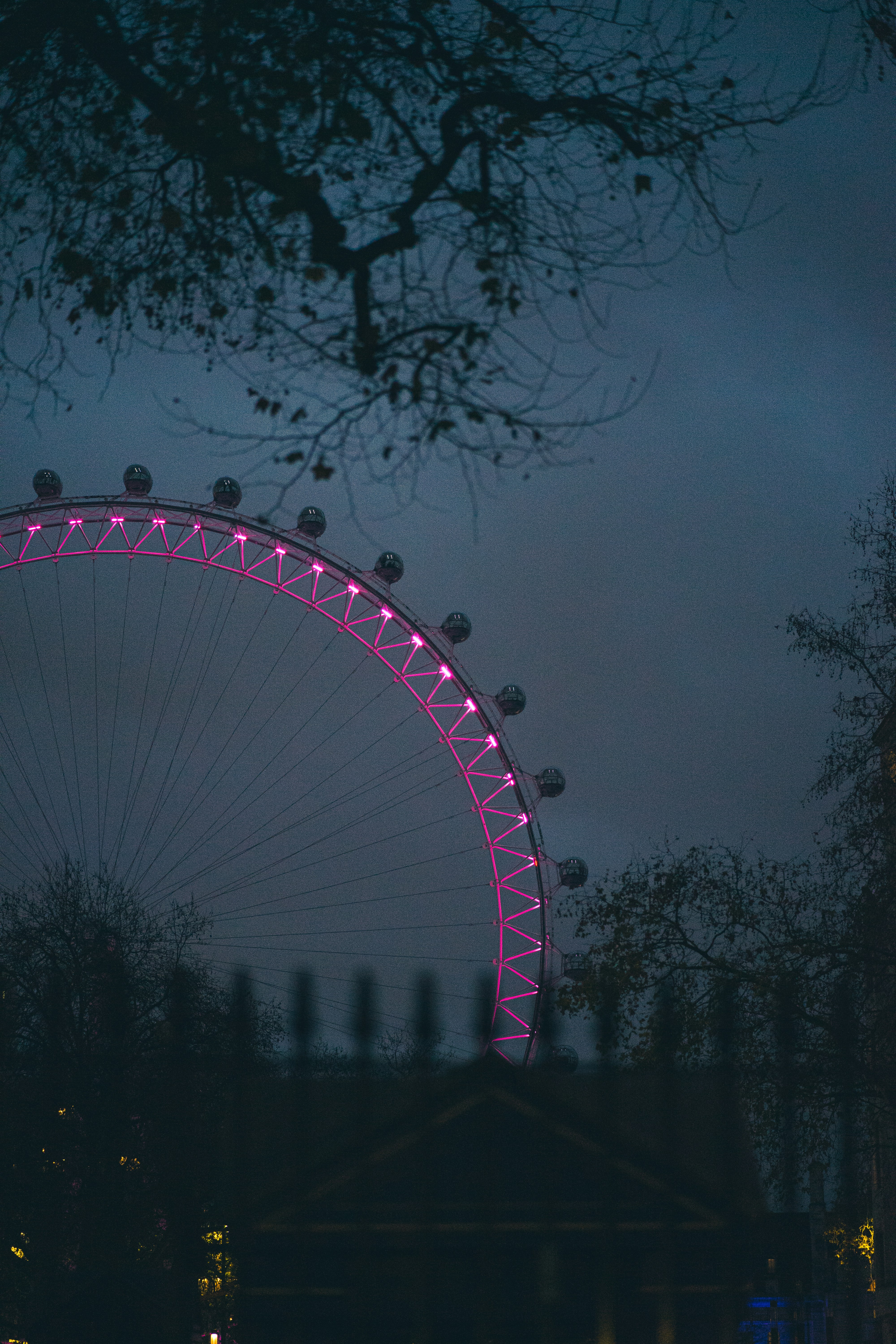 The London Eye glows softly in pink hues against a twilight sky, framed by silhouetted branches. A serene urban landscape transforms under the evening light.