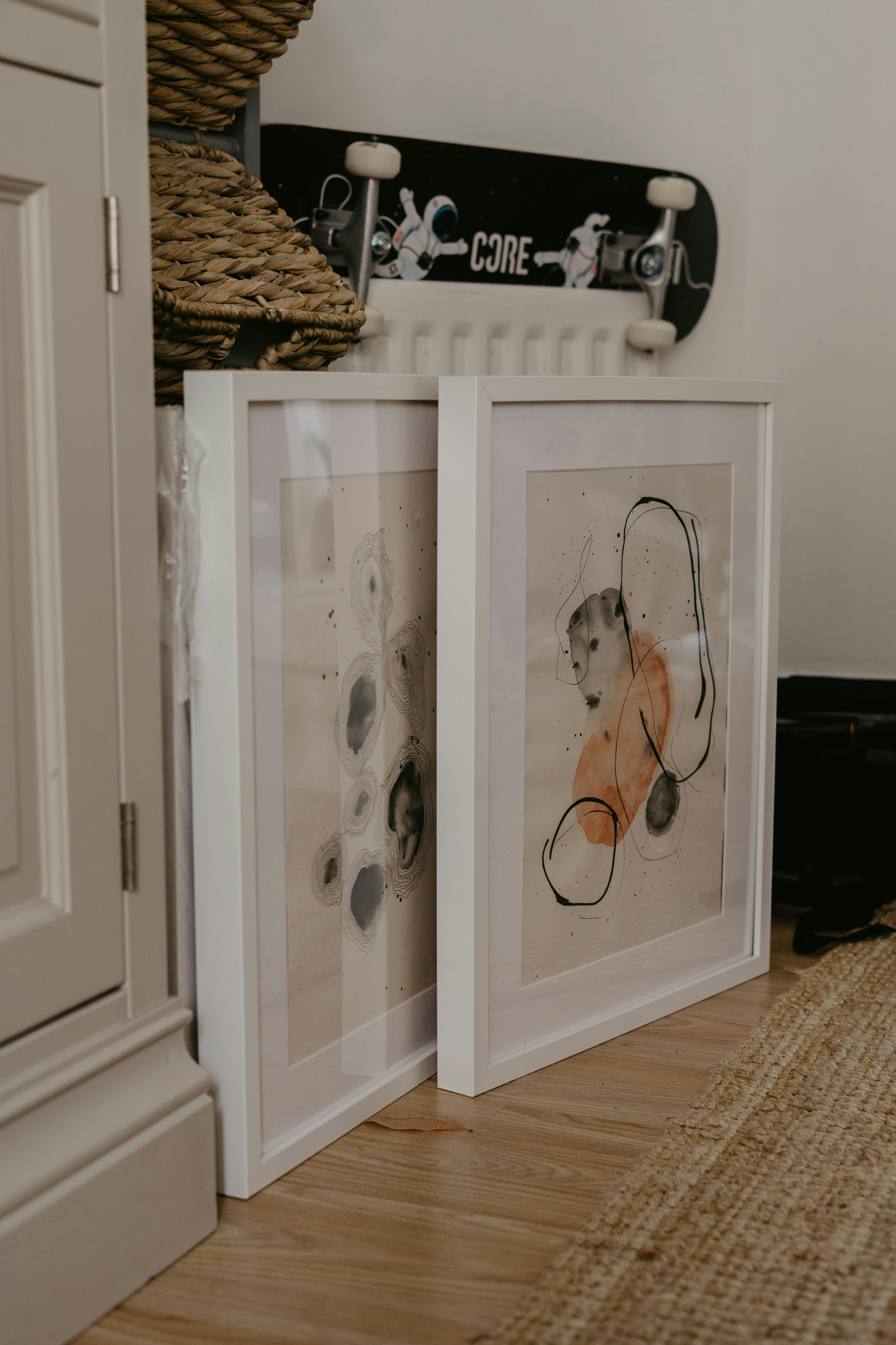 a white door with a picture on it
