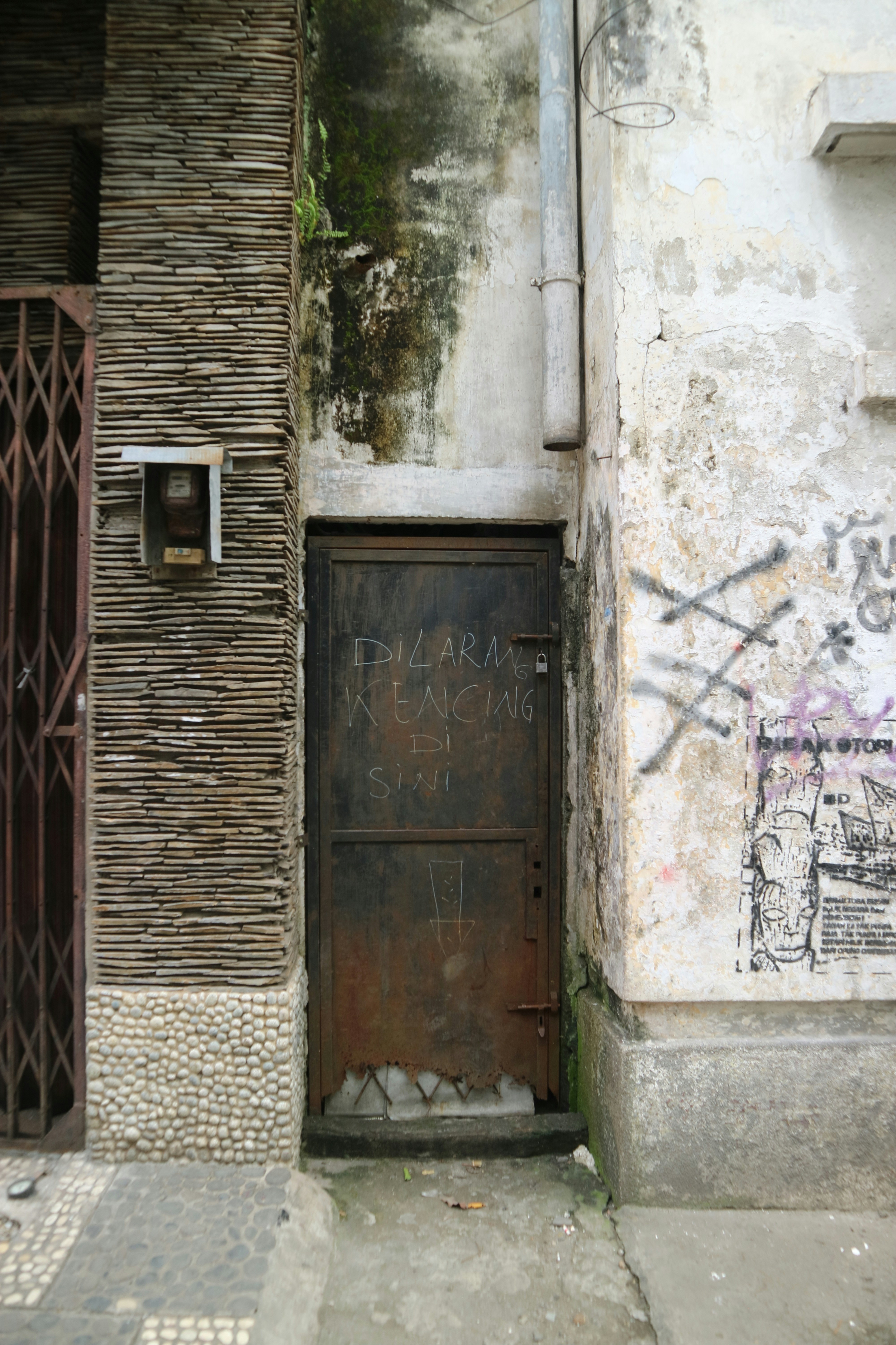 Rusty door with graffiti and peeling paint nestled between textured walls, hinting at forgotten stories. The scene evokes a sense of mystery and decay.