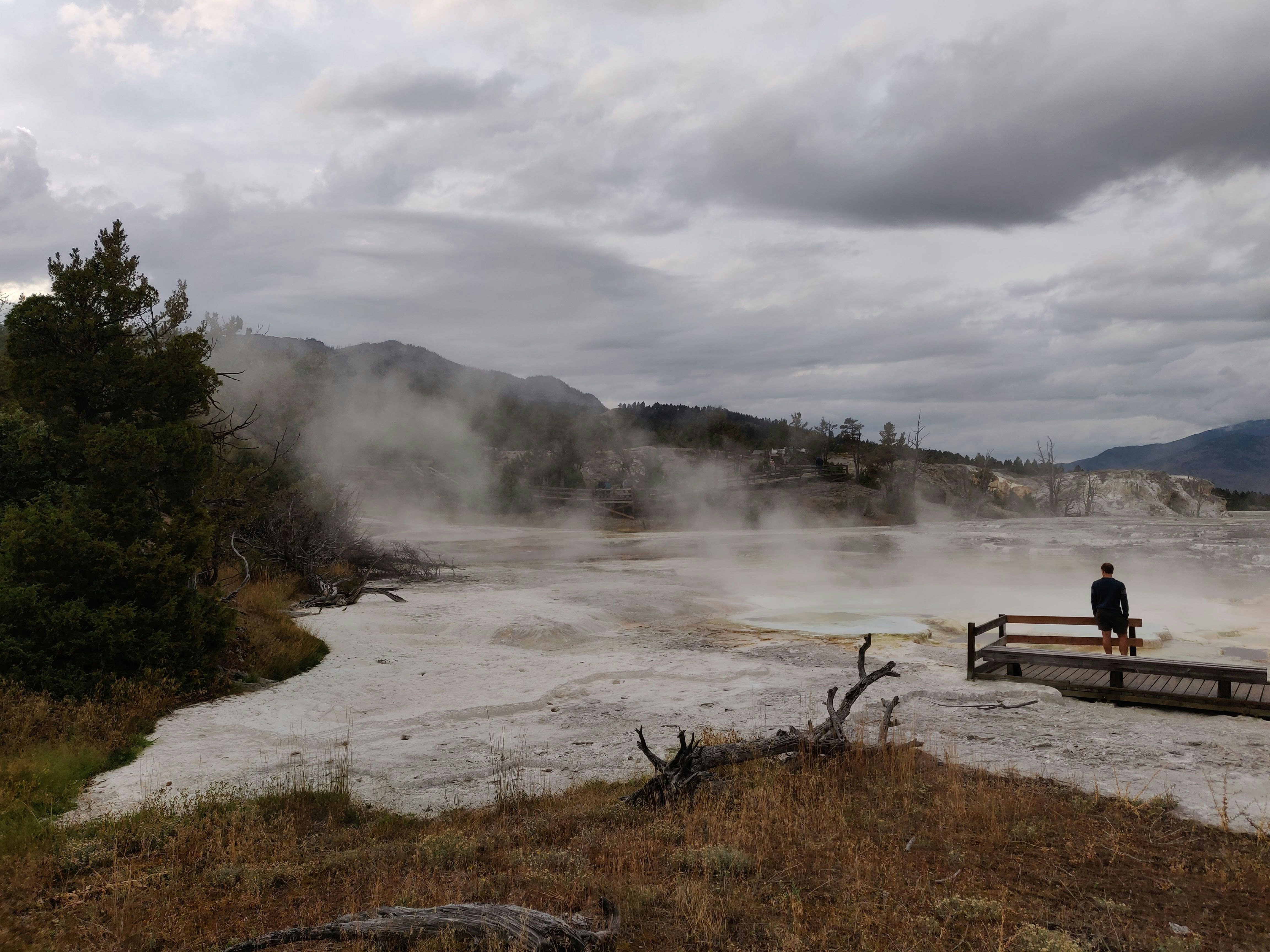Steam over Terraced Plain: A Lone Observer on the Boardwalk