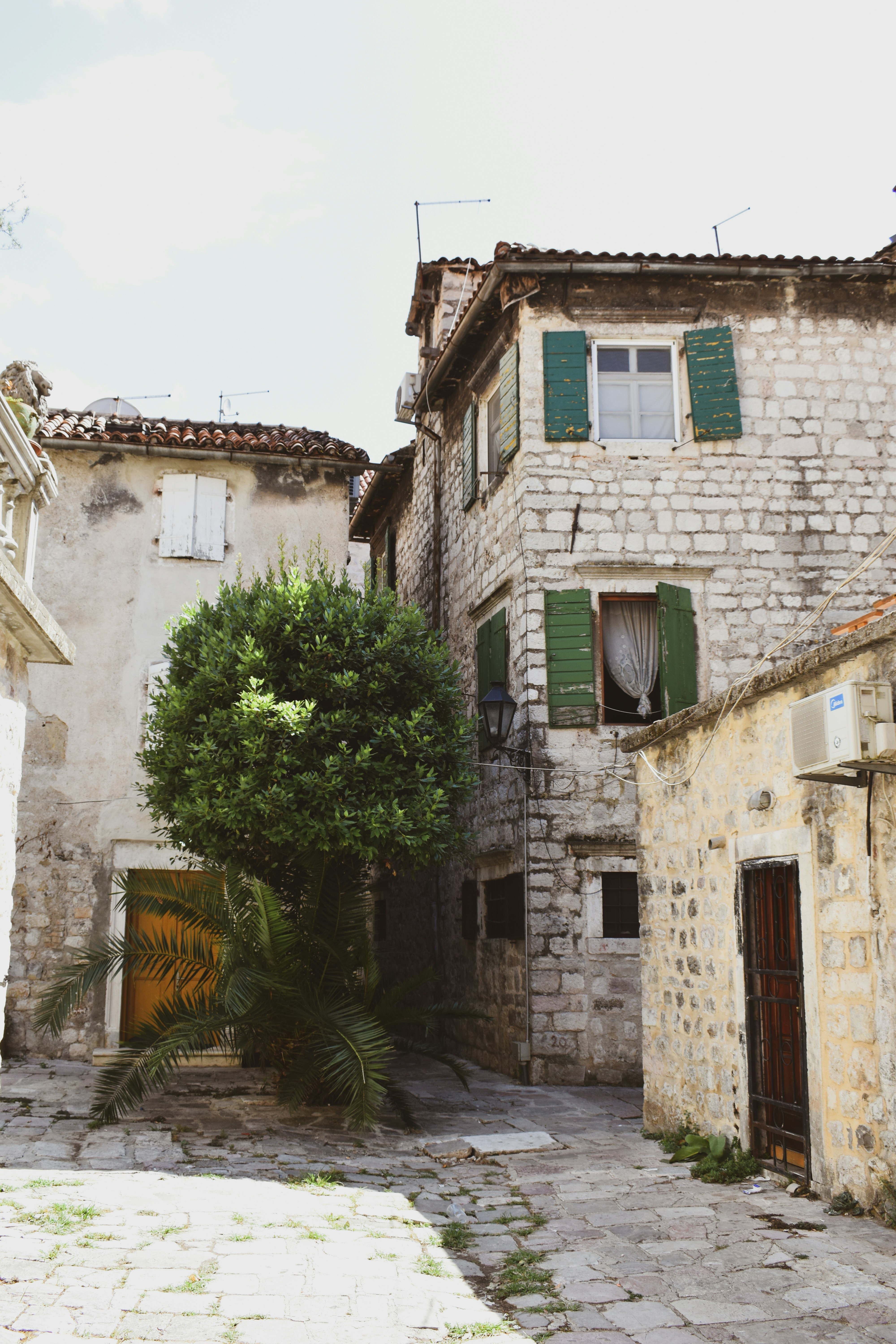 Charming alleyway featuring stone buildings with green shutters and a lush tree, inviting exploration in a quaint town.