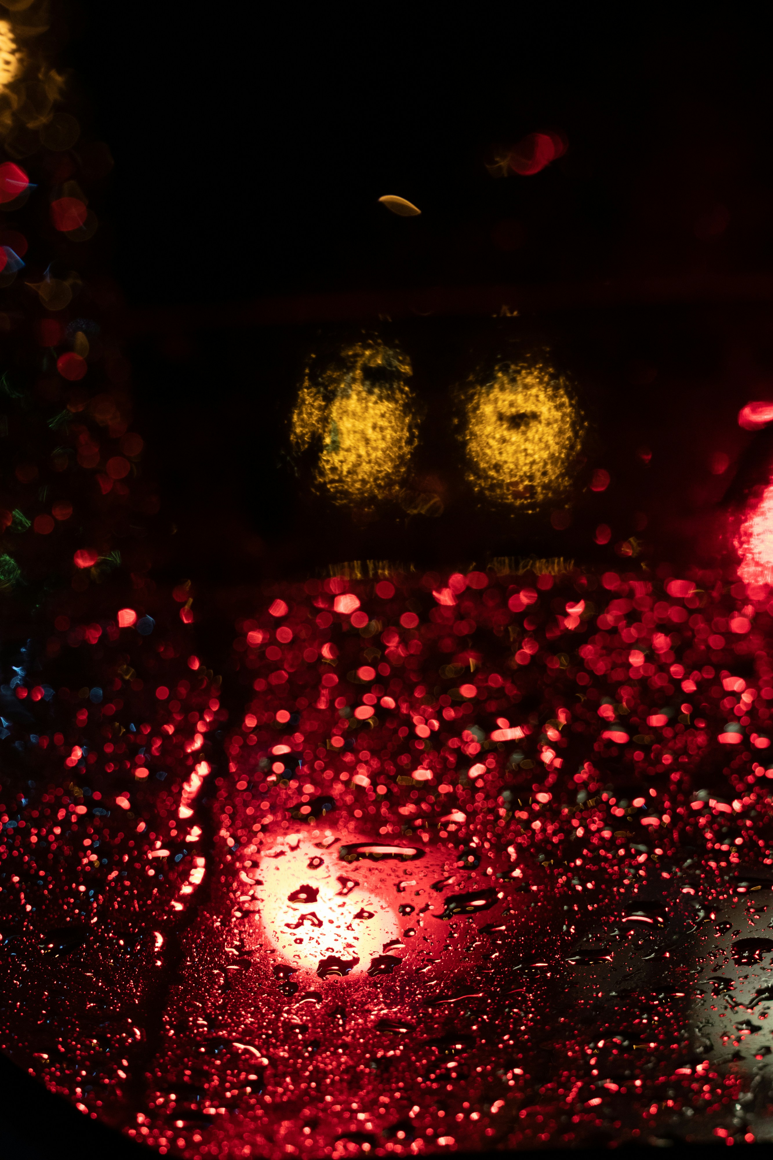 Twin Amber Orbs Through Rain-Speckled Night Glass