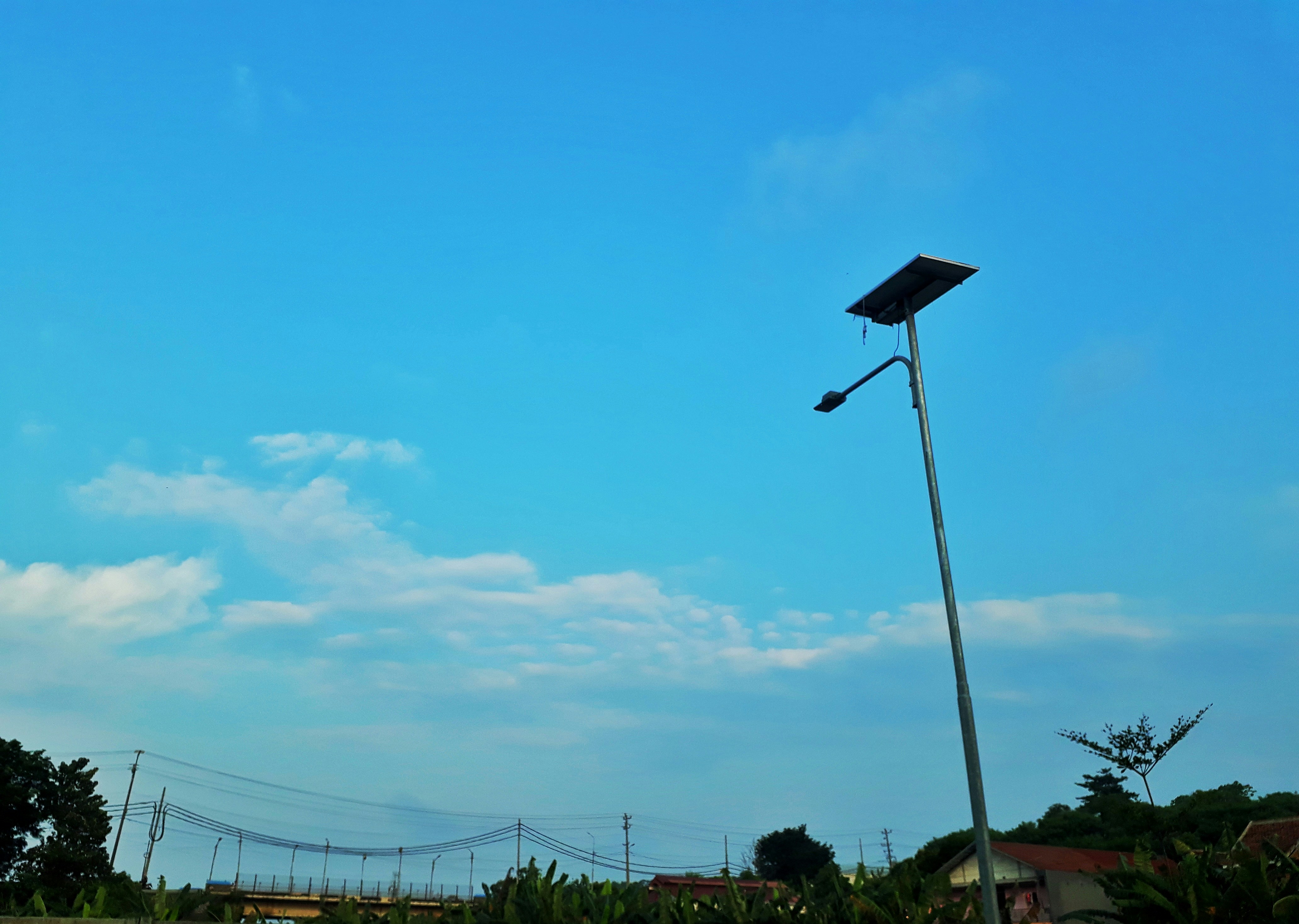 Solar streetlight standing tall against a clear blue sky with wispy clouds, showcasing renewable energy in urban design.