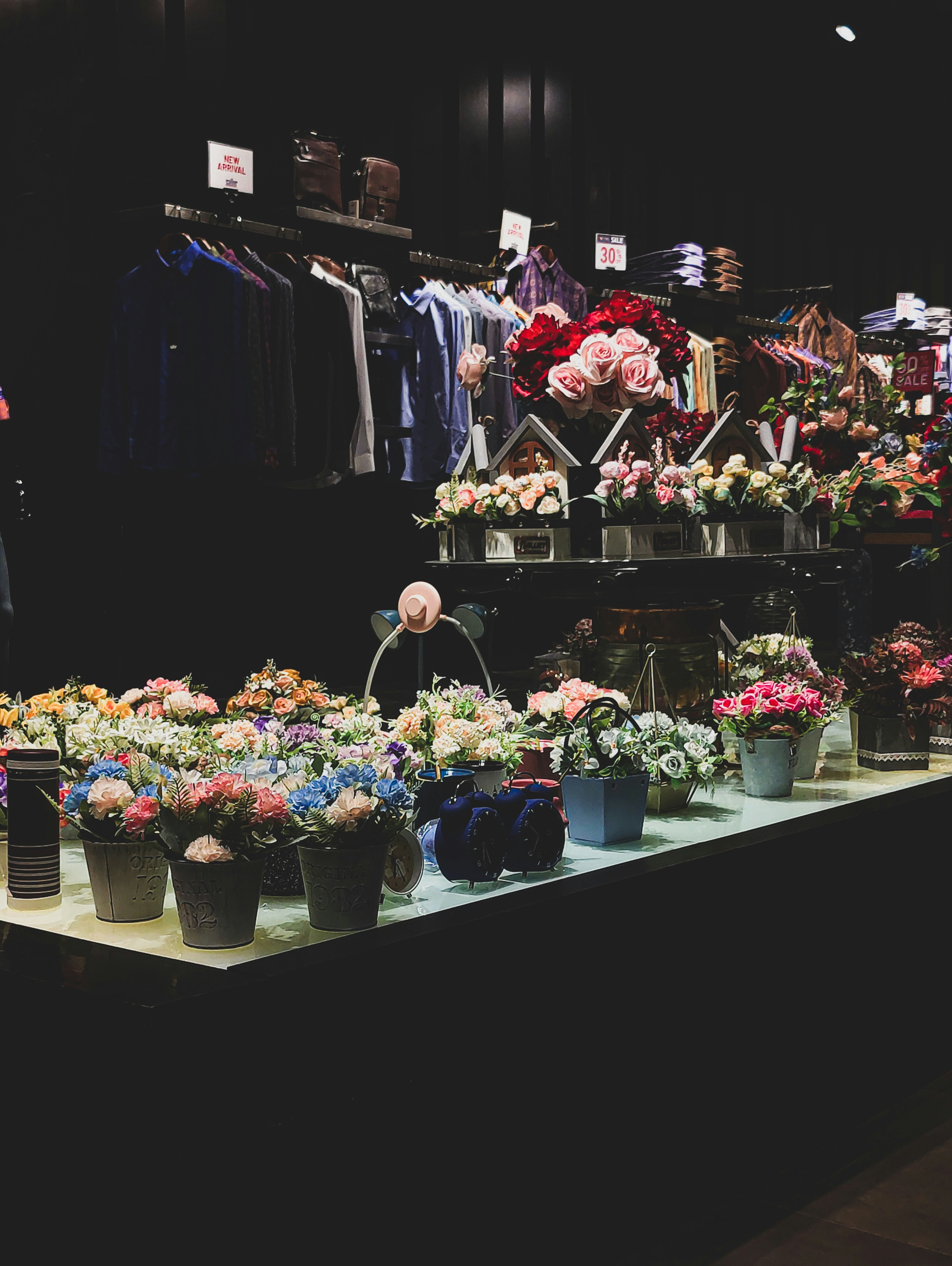 Staged Floral Display Under Shop Lights