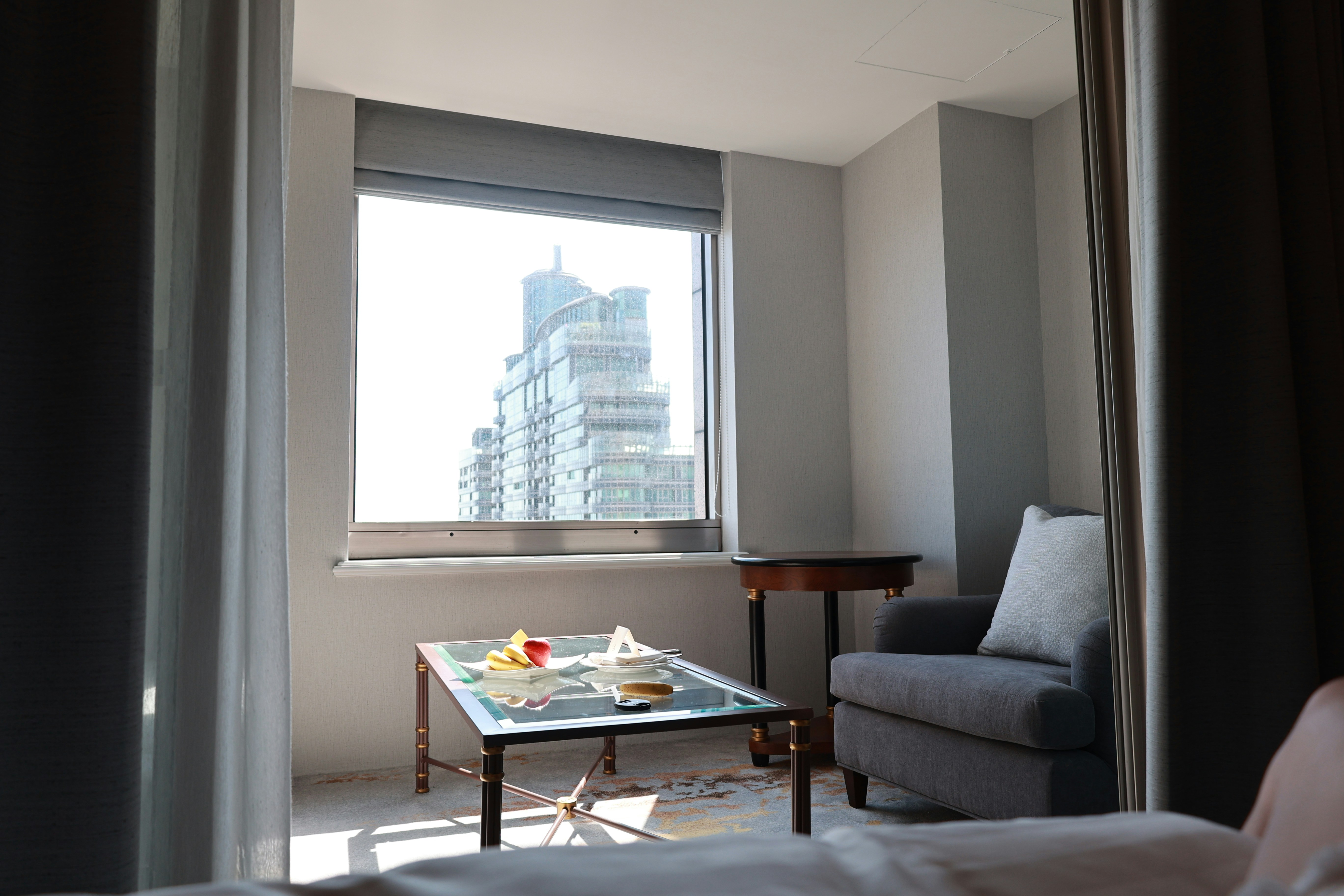 a living room with a large window