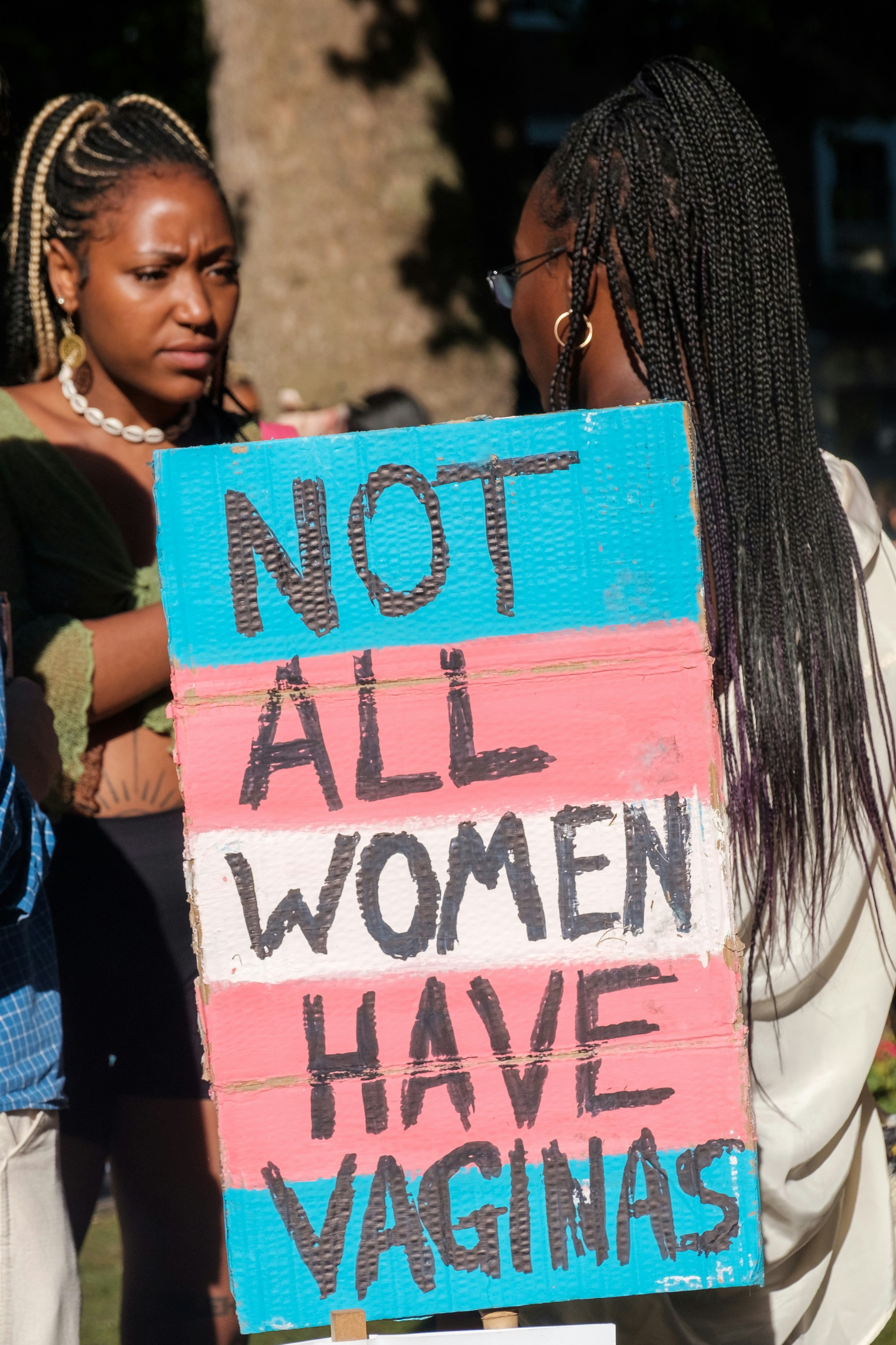 Not All Women Have Vaginas: A Sunlit Protest Sign Stealing the Scene