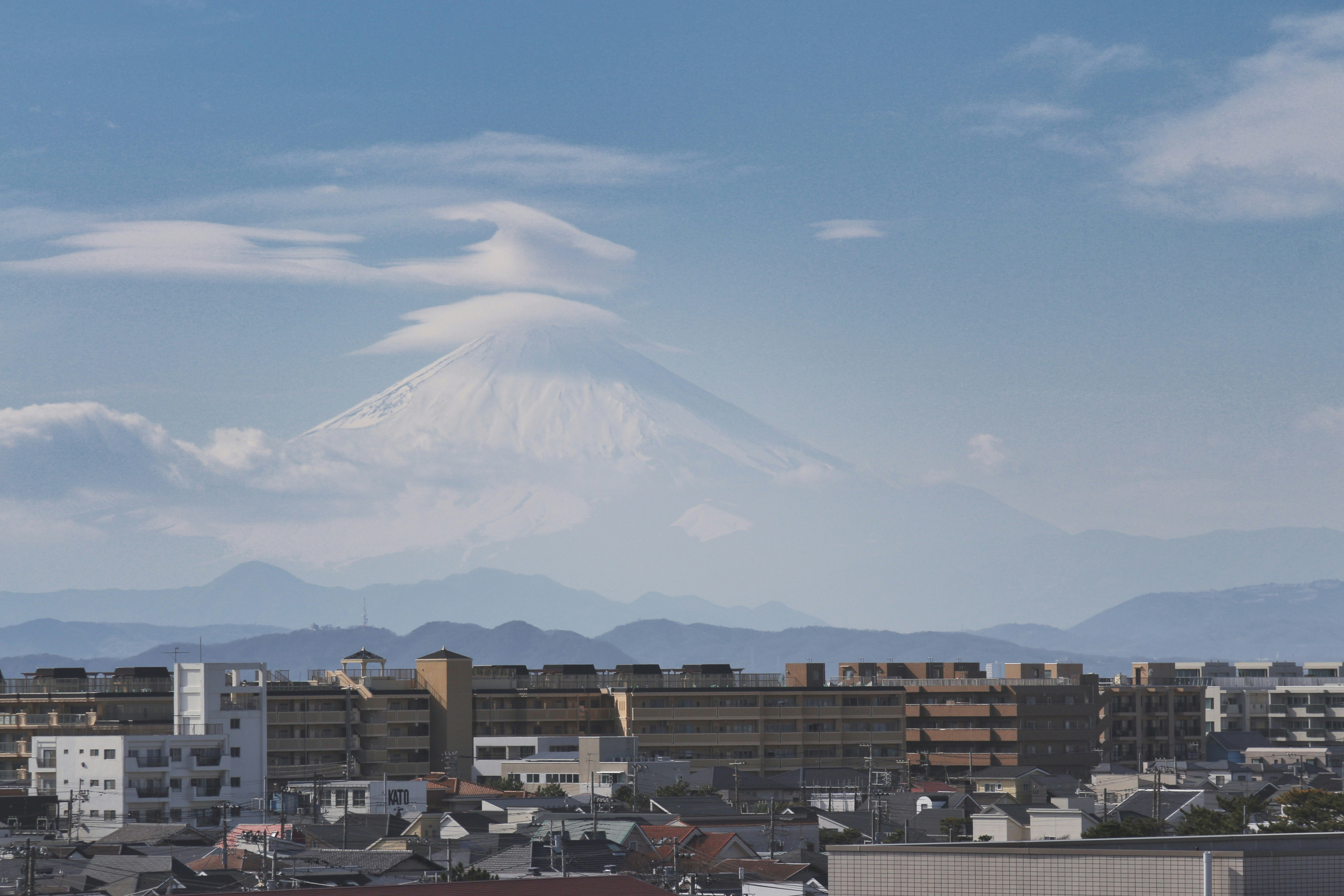 a large mountain in the distance