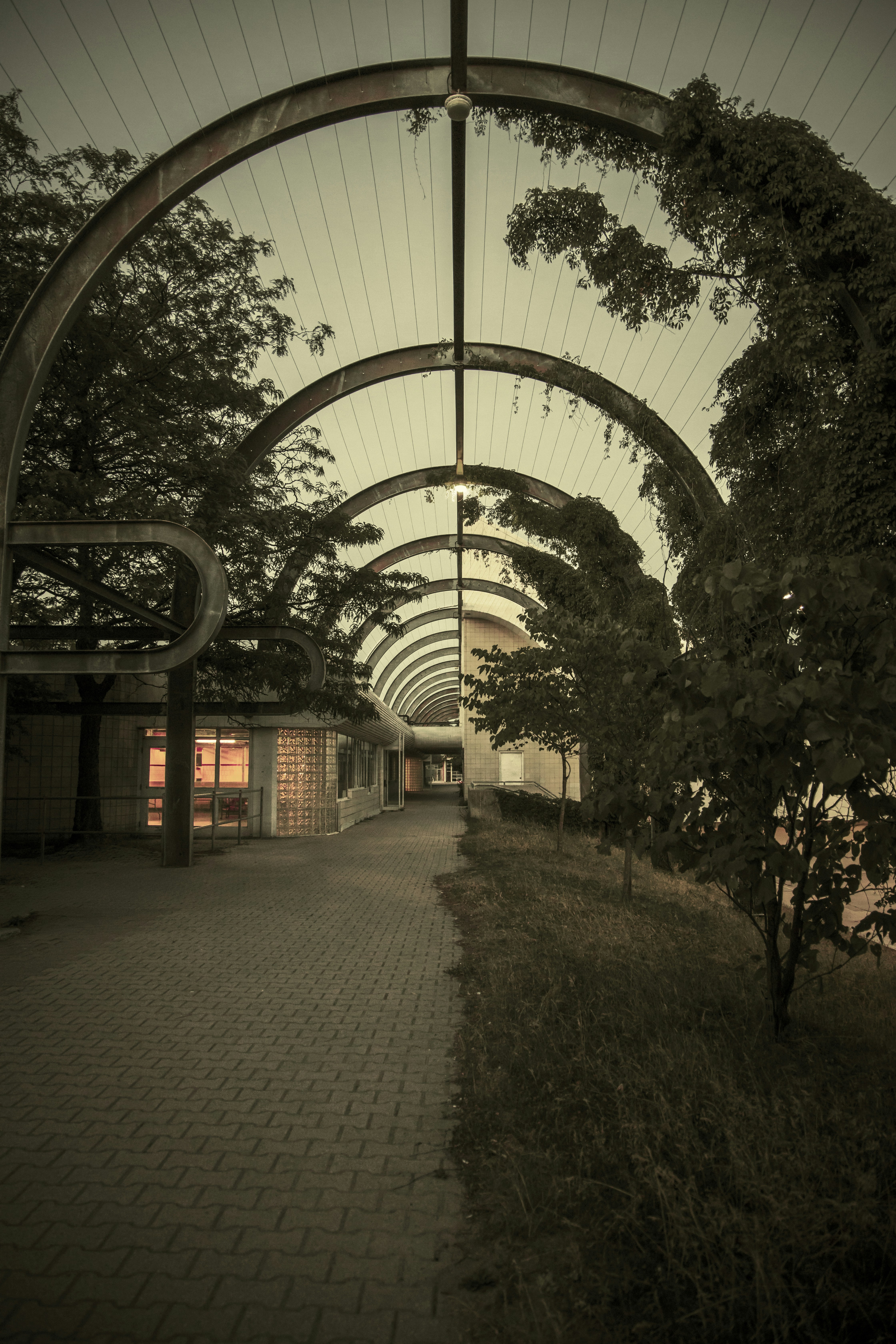 Vanishing Arches: A Sepia Corridor of Steel and Shade