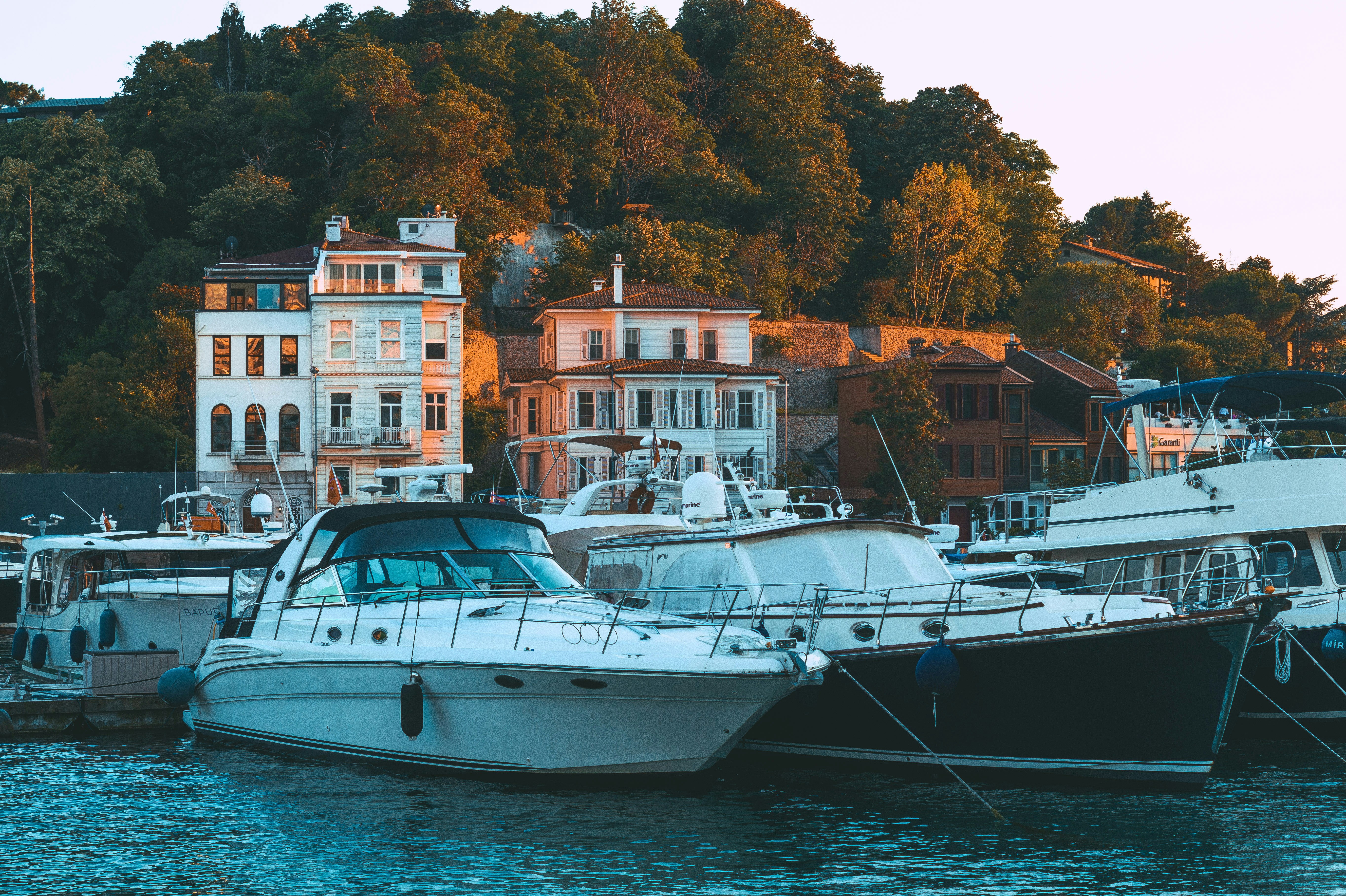Luxury yachts anchored at a tranquil harbor, framed by charming waterfront homes and lush greenery. The warm evening light casts a golden glow over the scene.