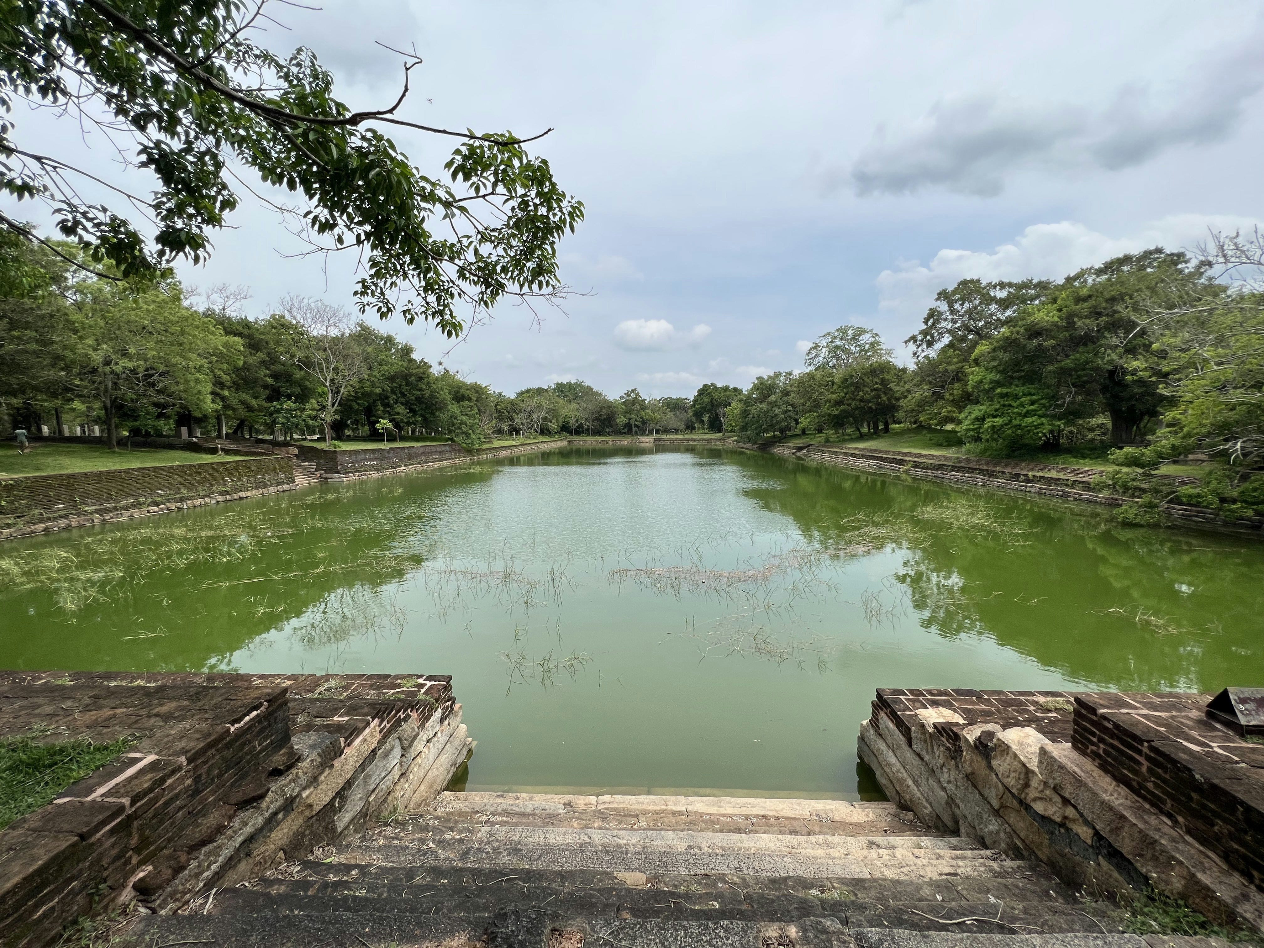 Stone steps lead to a serene green pond surrounded by lush greenery under a cloudy sky.