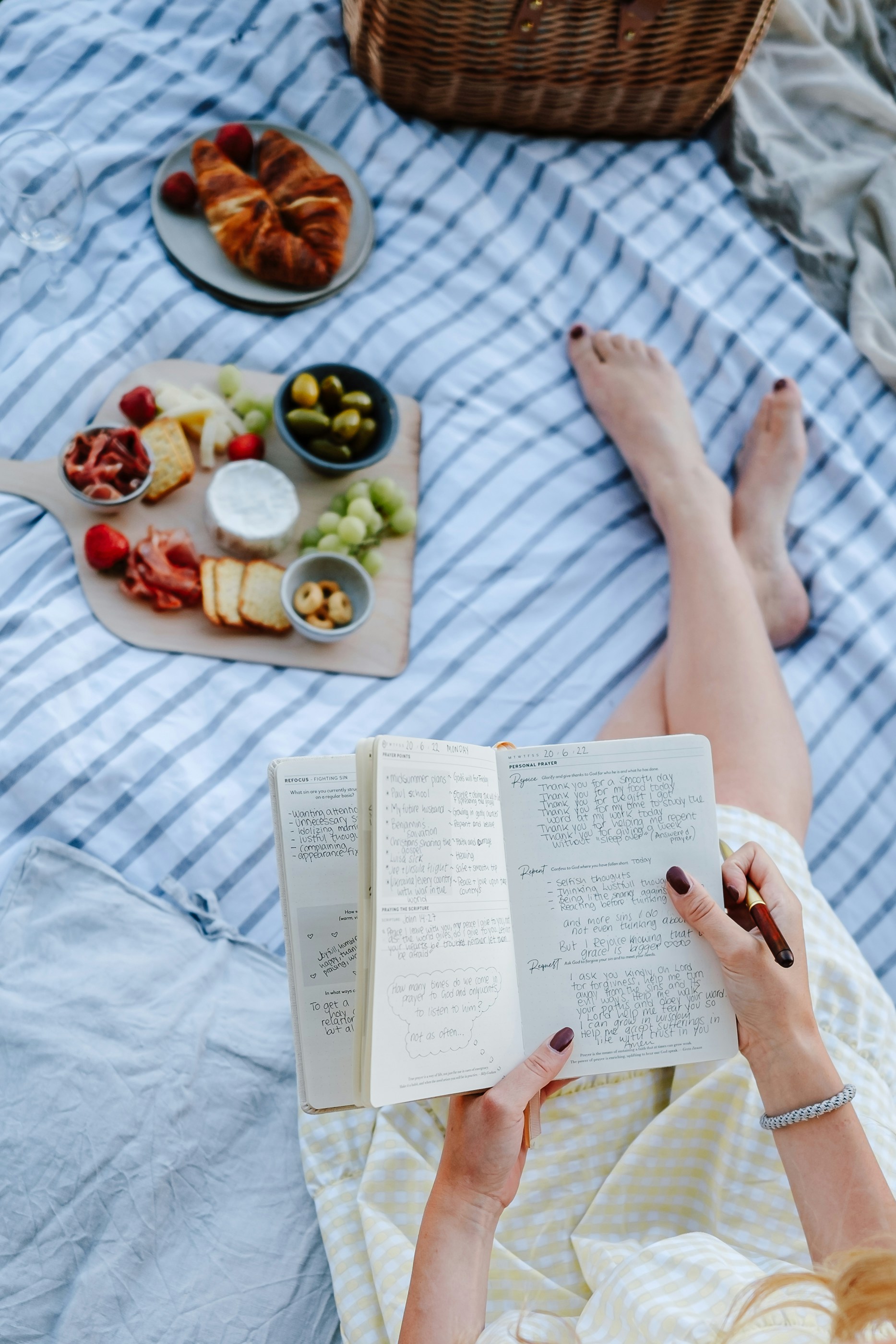 Picnic Pause: A Quiet Read Amid a Blue-Striped Blanket