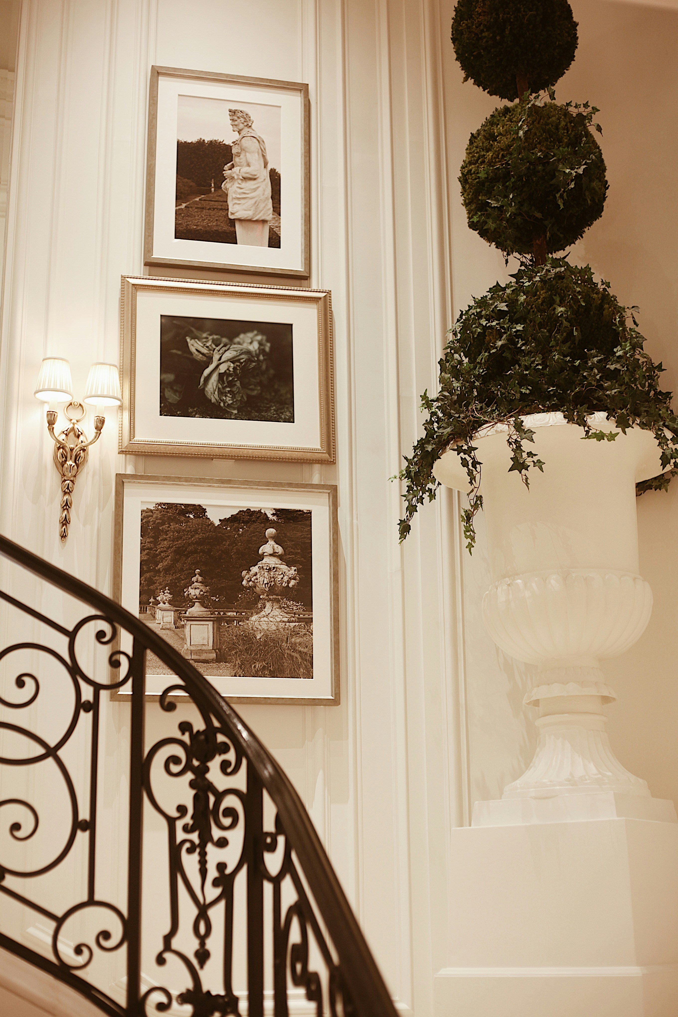 Sepia Stairwell: Framed Echoes and a Verdant Monument
