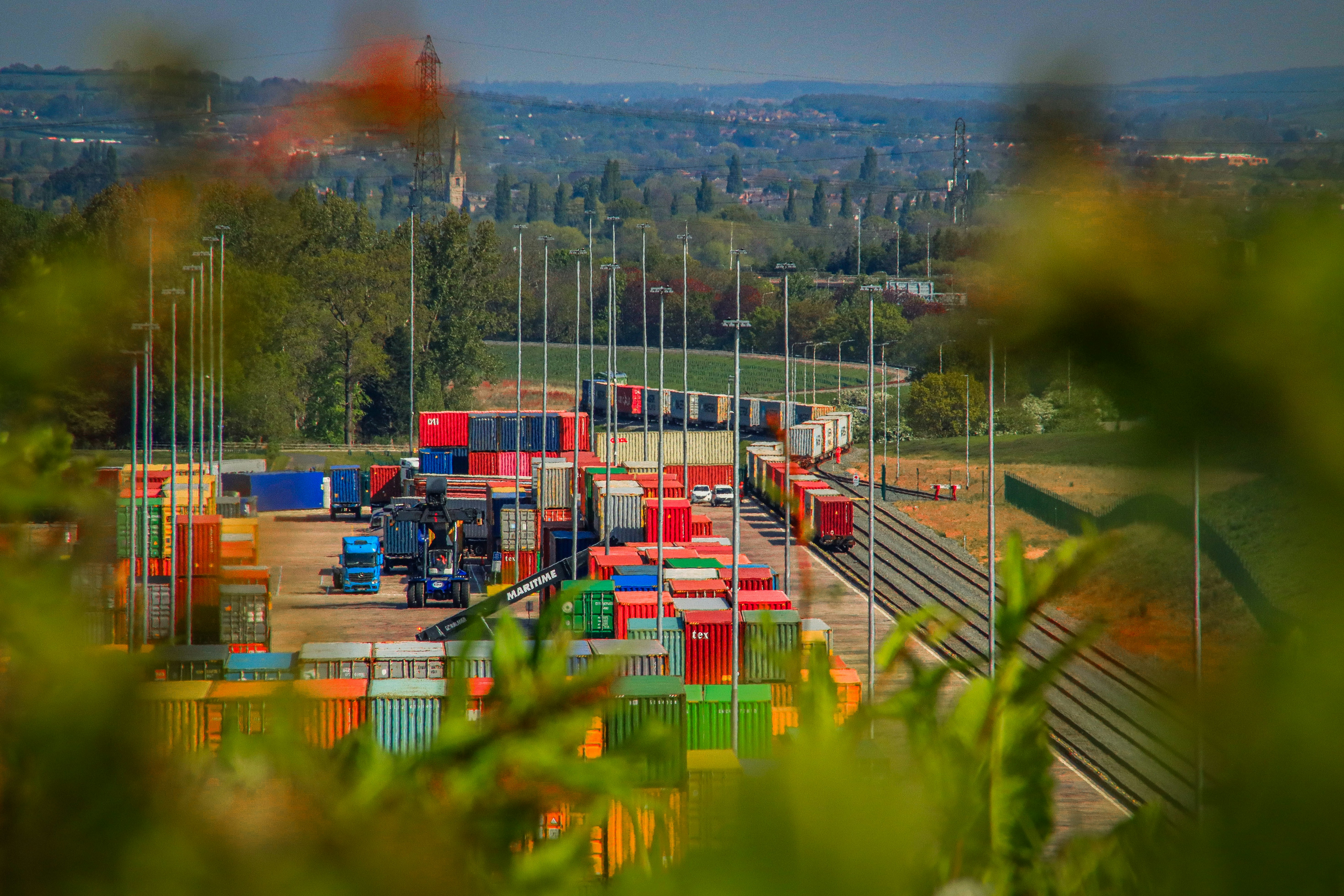 Colorful shipping containers framed by lush greenery, with a distant cityscape under a clear sky.