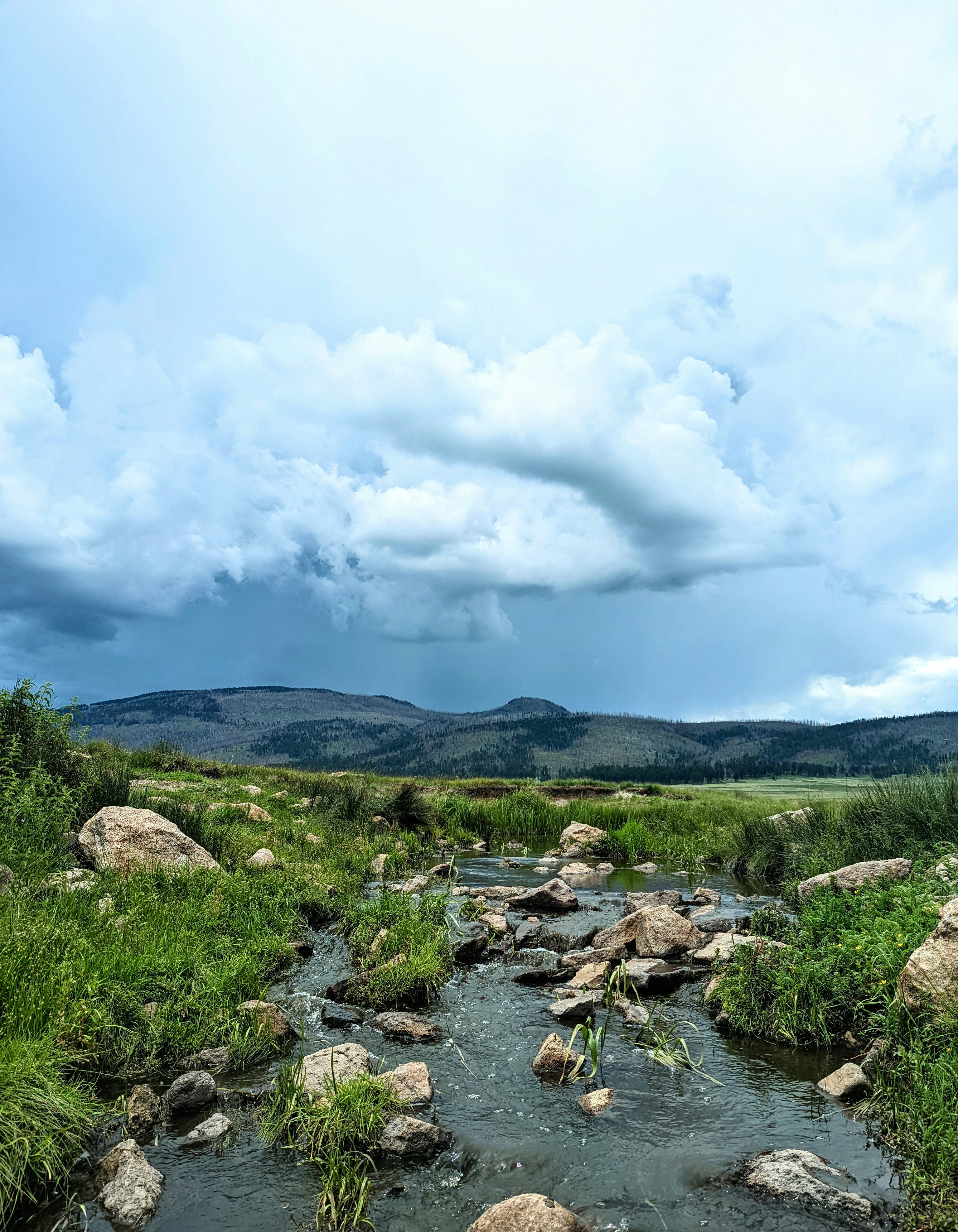 Stone-Rimmed Creek Meandering Toward Cloud-Laden Hills