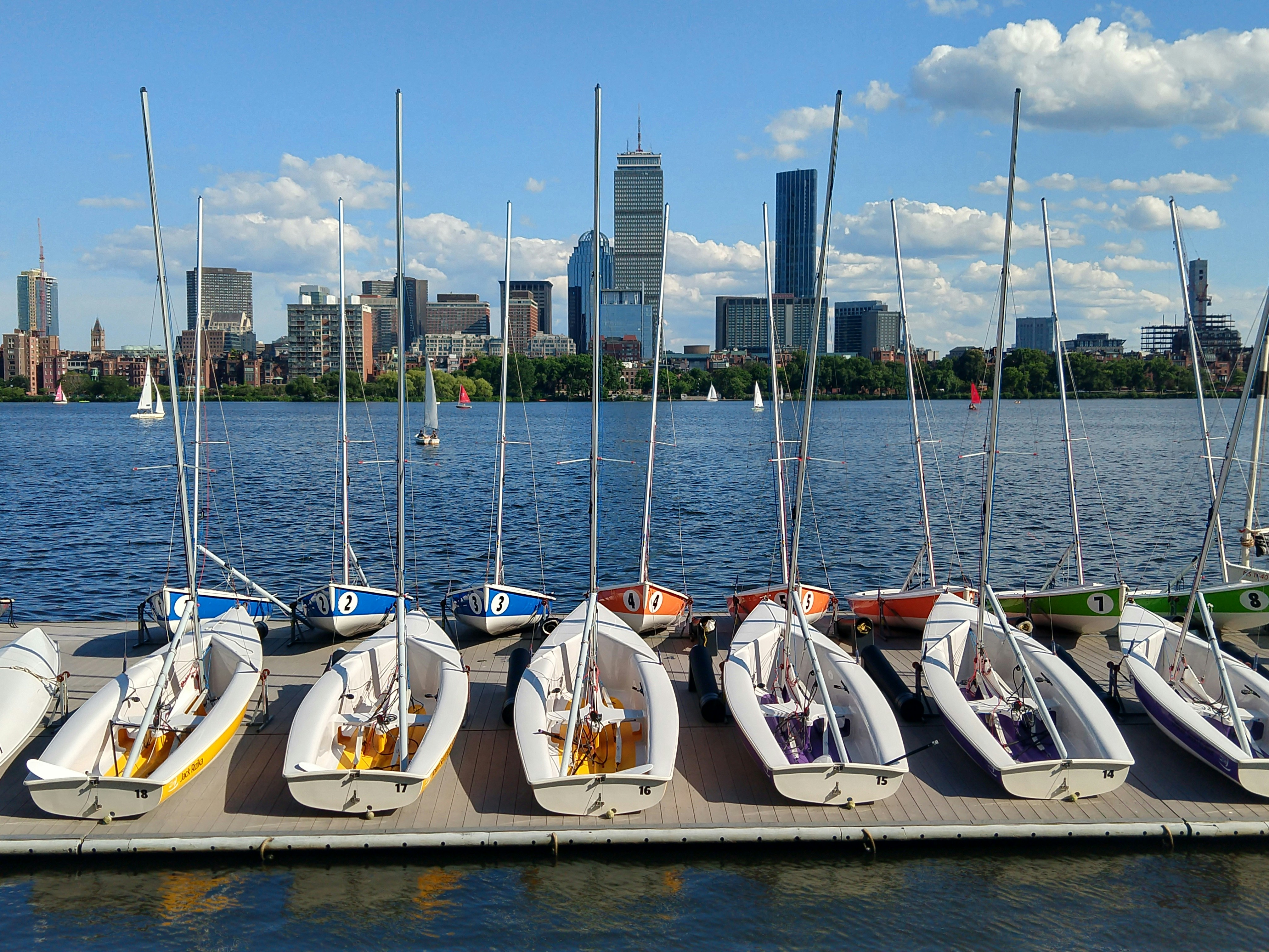 Marina Row: Colorful Dinghies Framed by a City Skyline