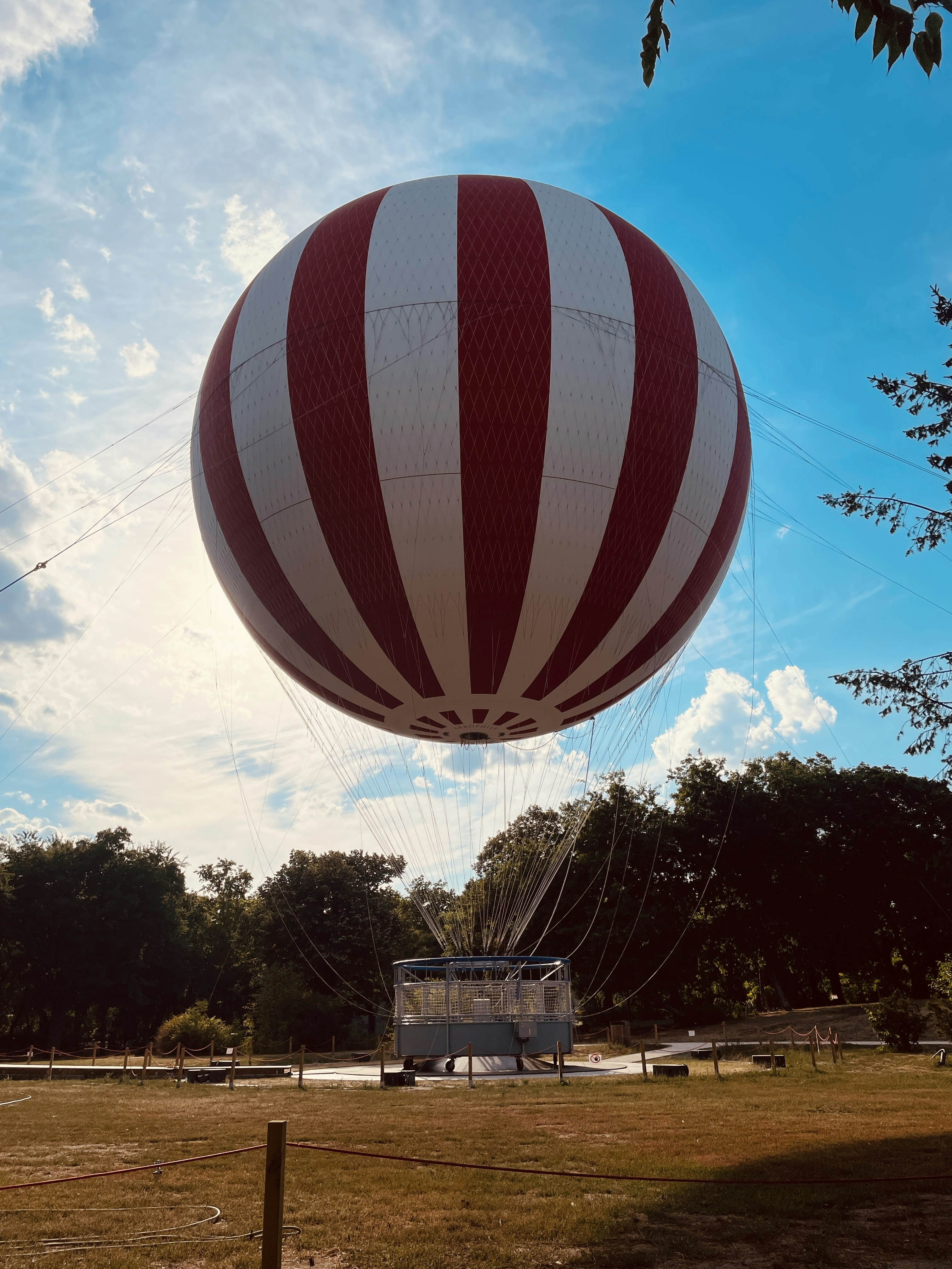 Red-Stripes Aloft: A tethered balloon anchors a sunlit park
