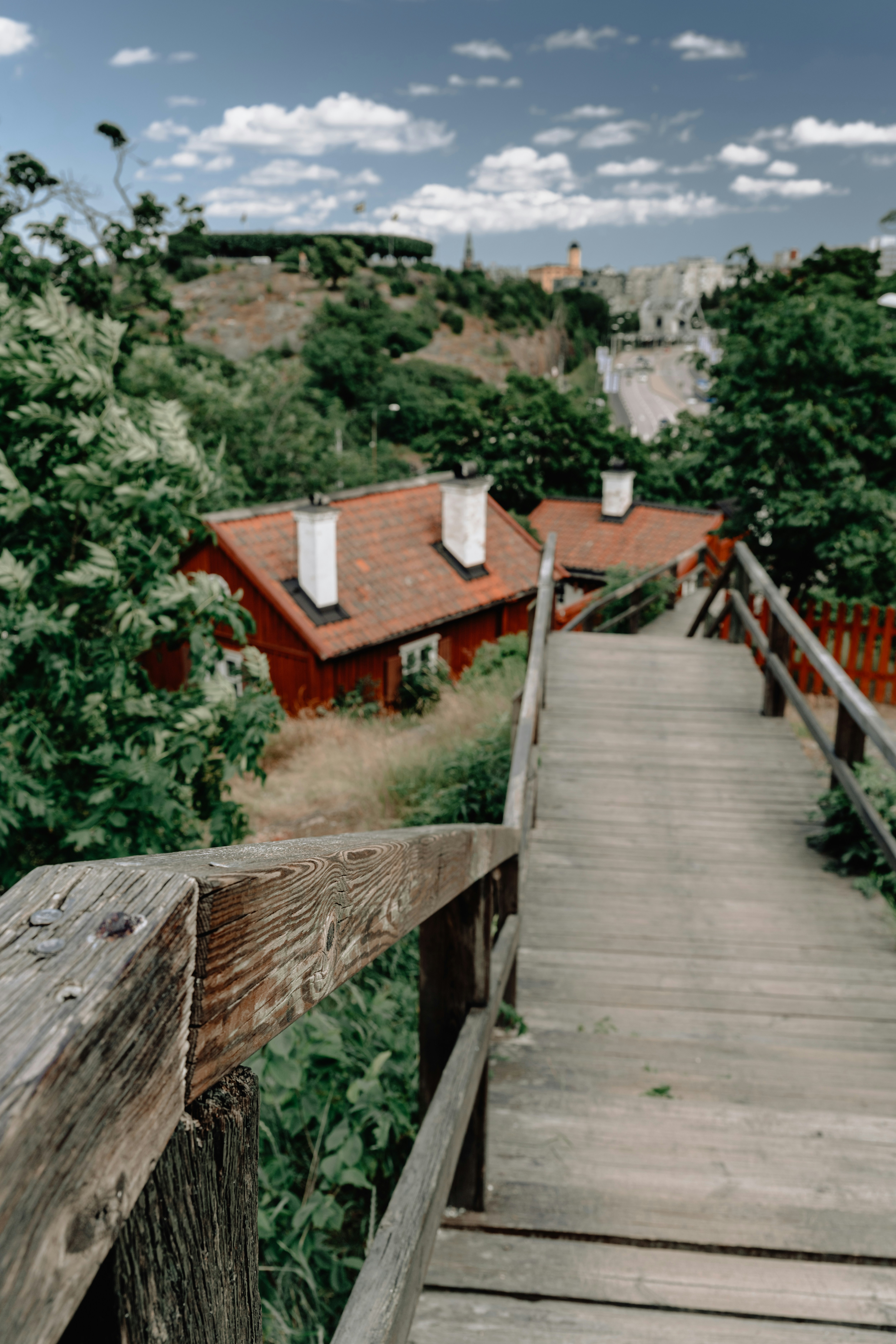 Leading Lines to a Red-Roof Hamlet Over Green Hills