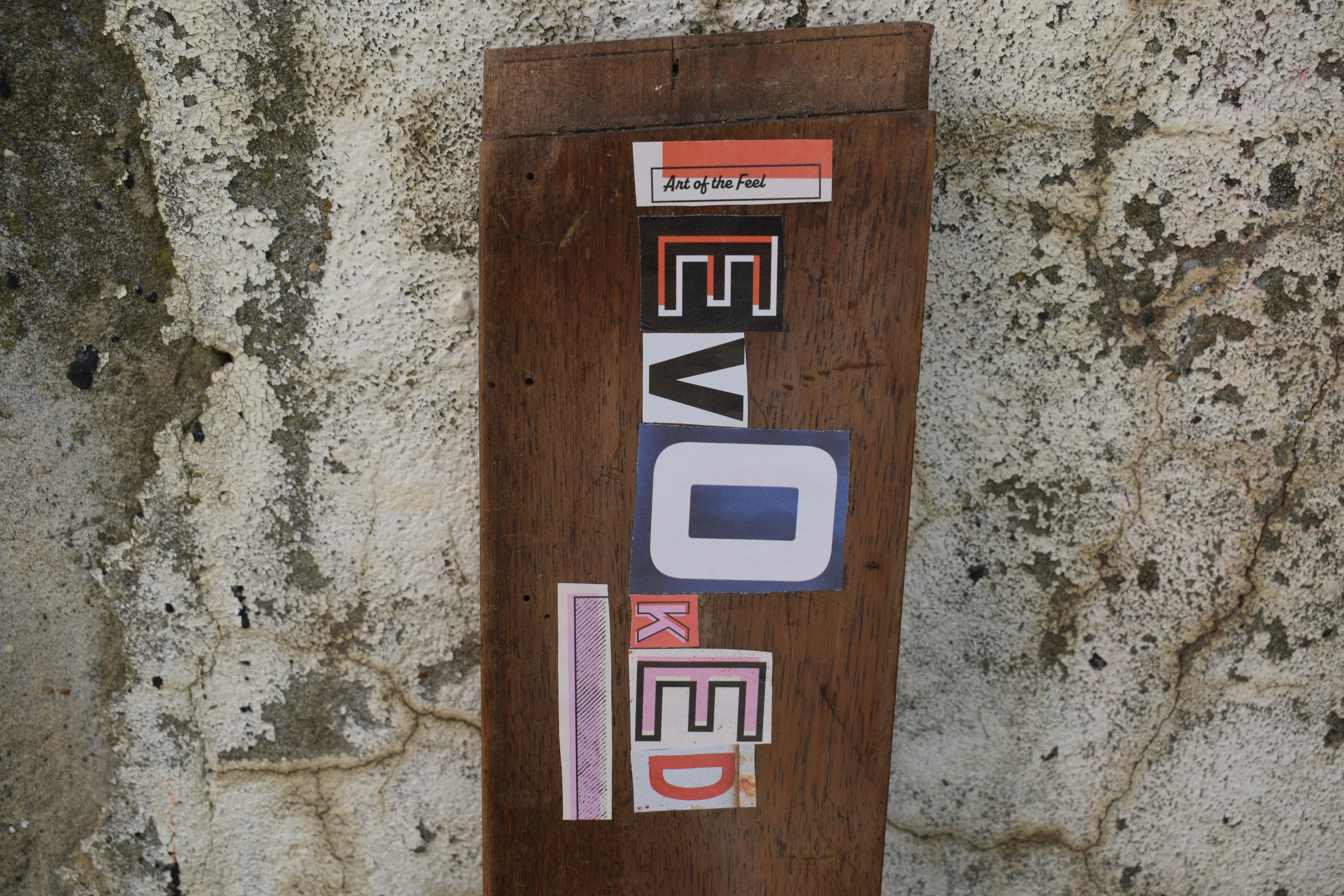 LOVE Reversed on a Weathered Plank Against a Textured Stone Wall