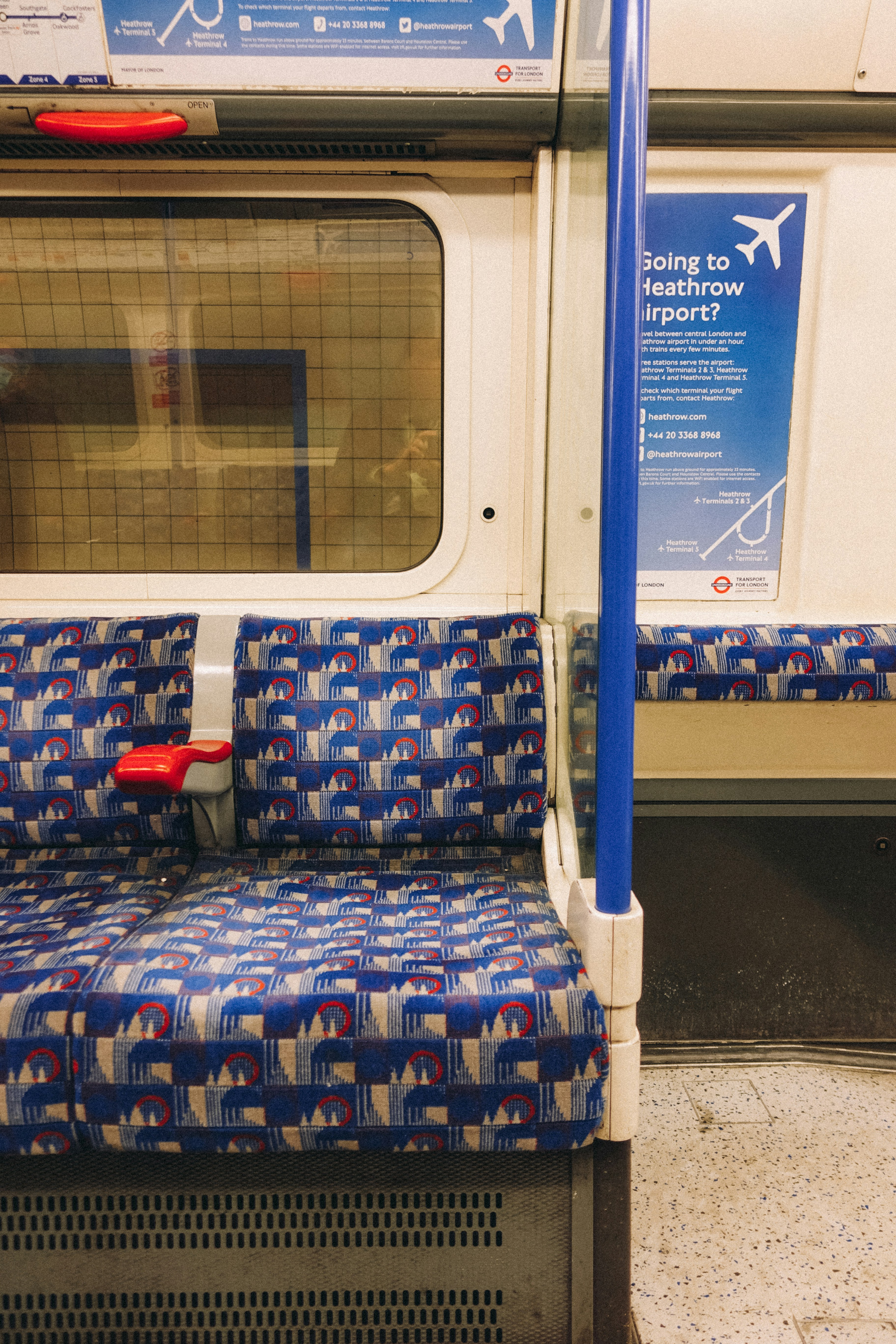 a blue and white box with a red and white sign on it