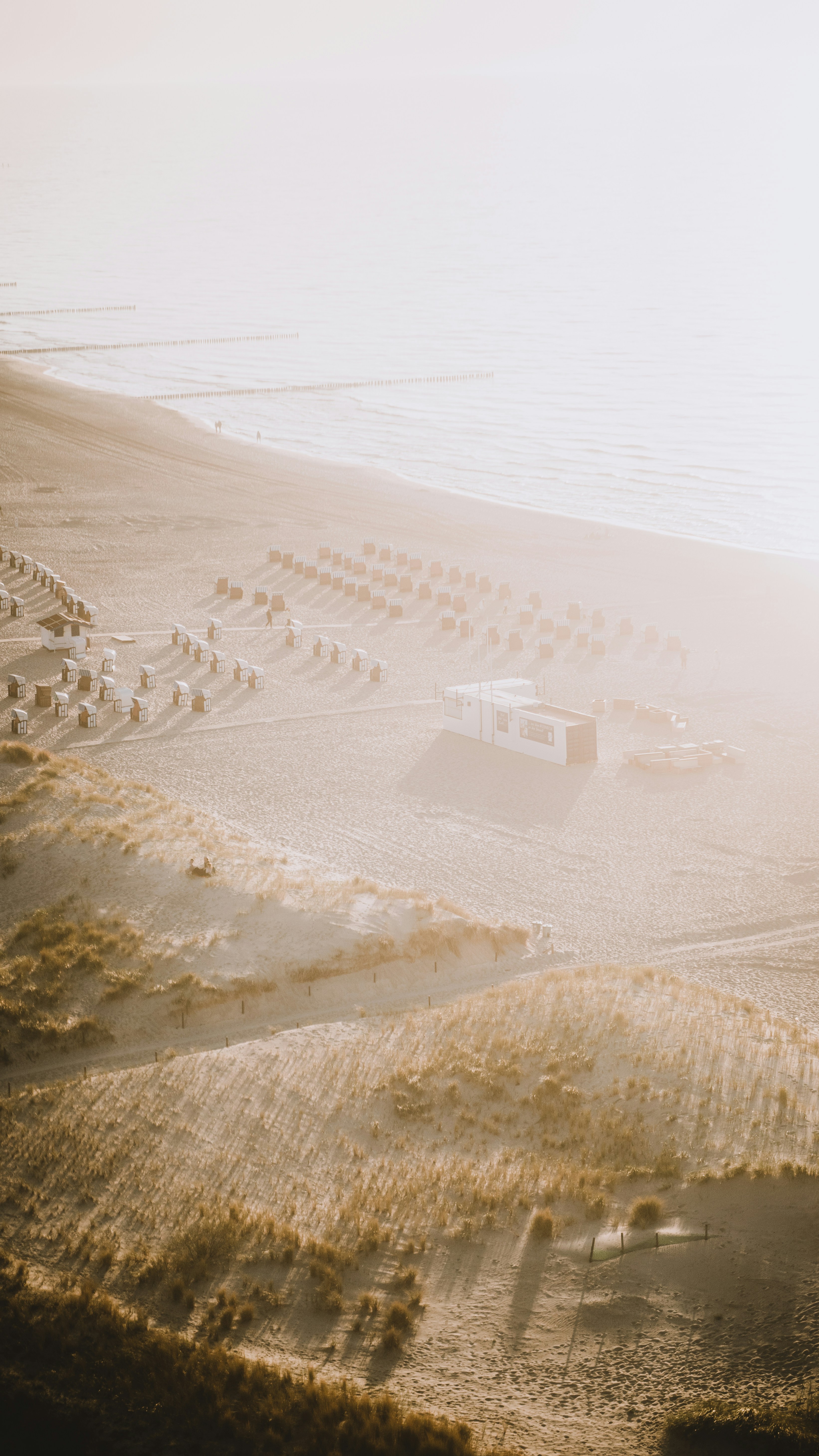 A serene beach scene featuring rows of beach chairs set against gentle waves and soft sand dunes. The warm, hazy light creates a tranquil atmosphere.