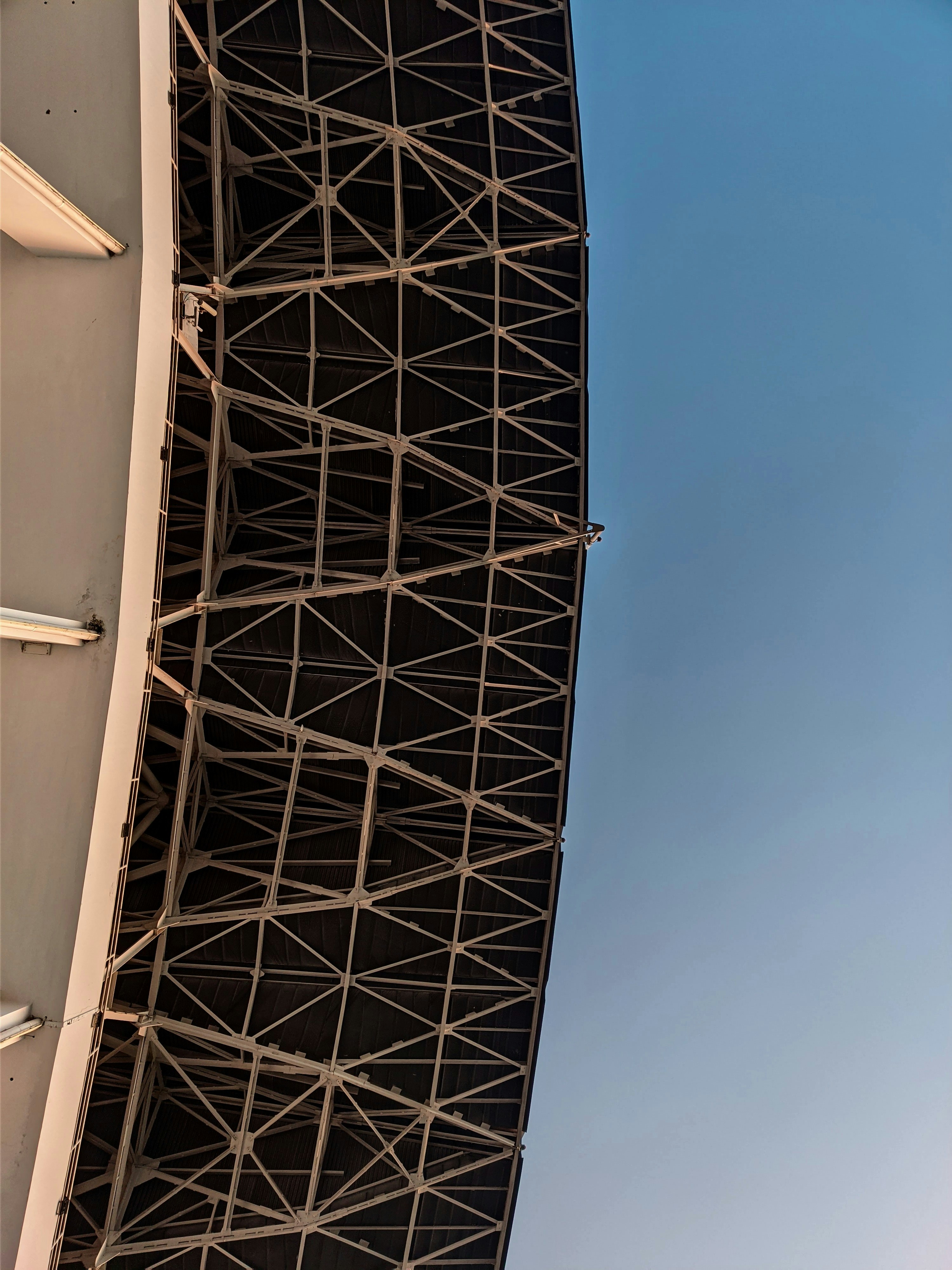 Crisscrossed steel lattice of a curved roof dominates the left side of the frame, set against a clear blue sky. This architectural close-up highlights geometric patterns and structural detail.