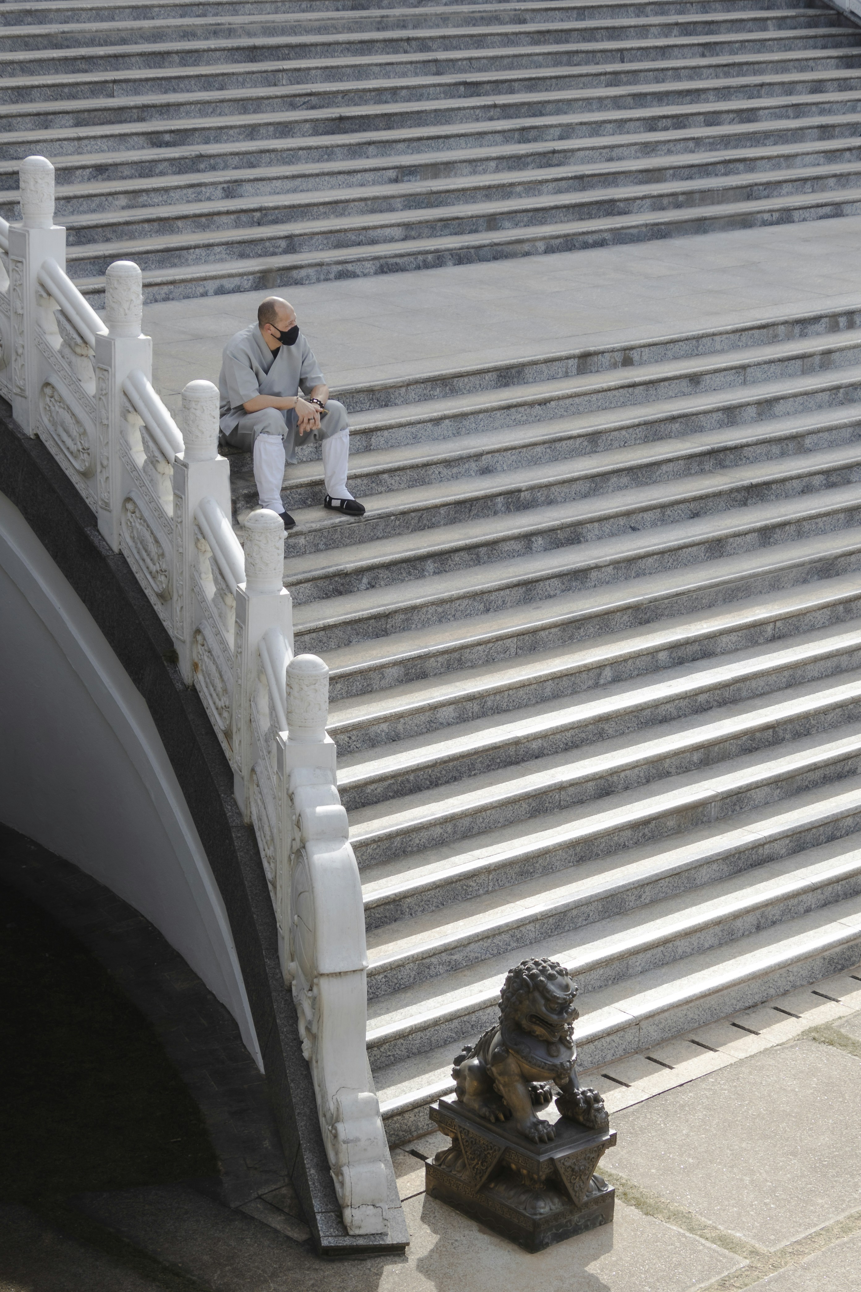 Person sitting on a large stone staircase beside a traditional lion statue.