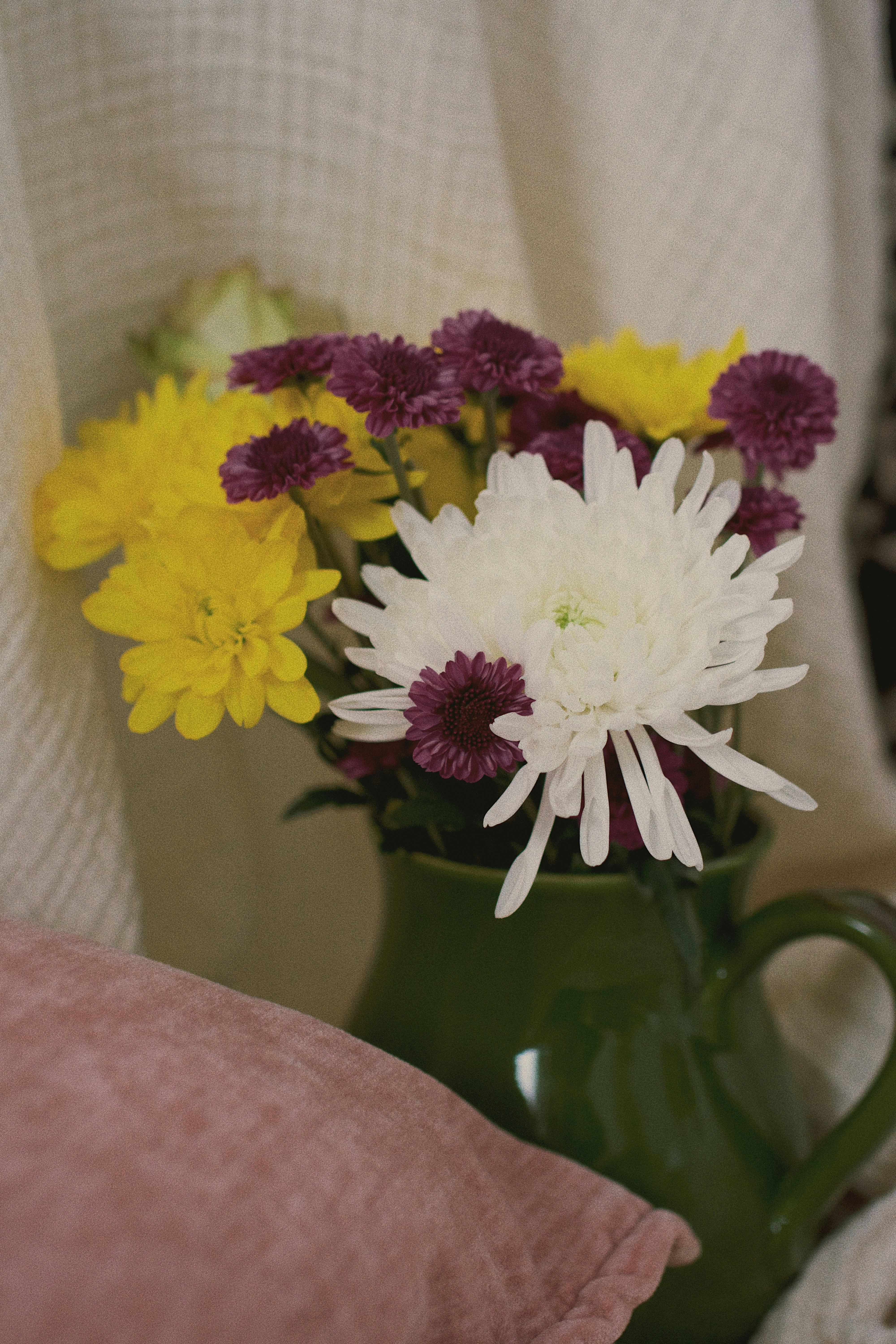 Floral Still Life with White Chrysanthemum Centered in a Green Jug