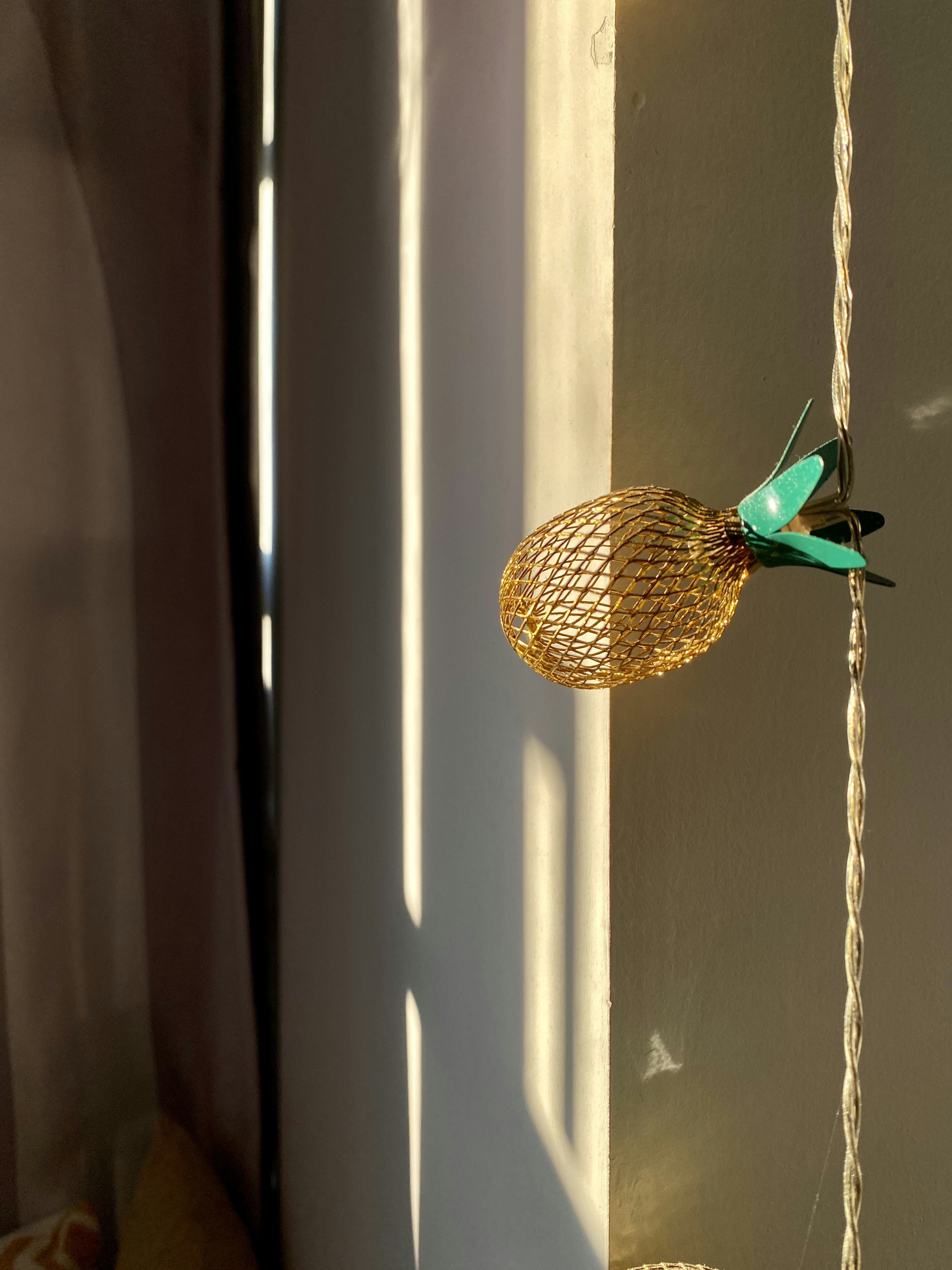 Sunlit Mesh Pineapple Pendant Hanging by a Rope Under Striped Window Light