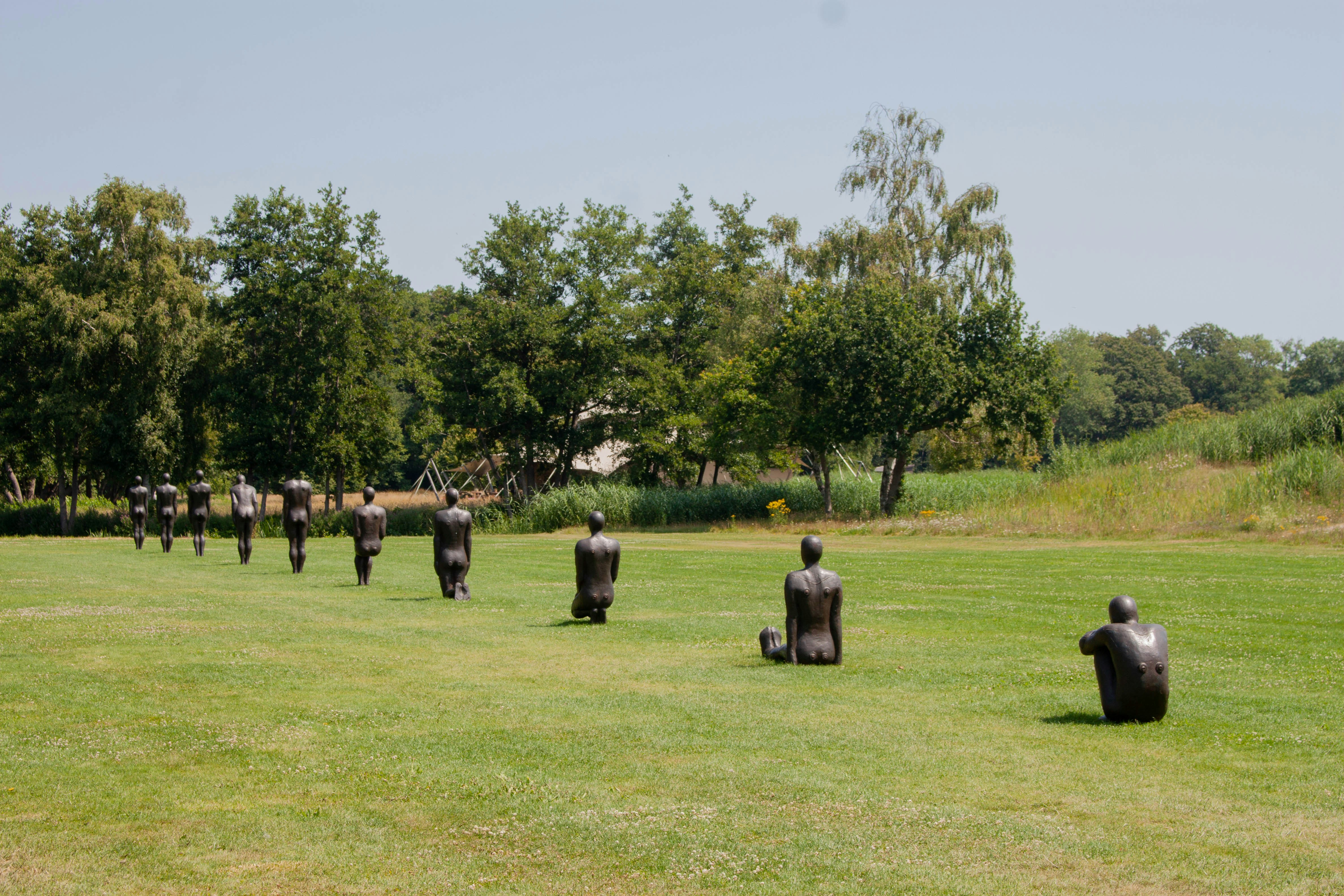 Bronze statues arranged in a line on a grassy field with trees in the background.