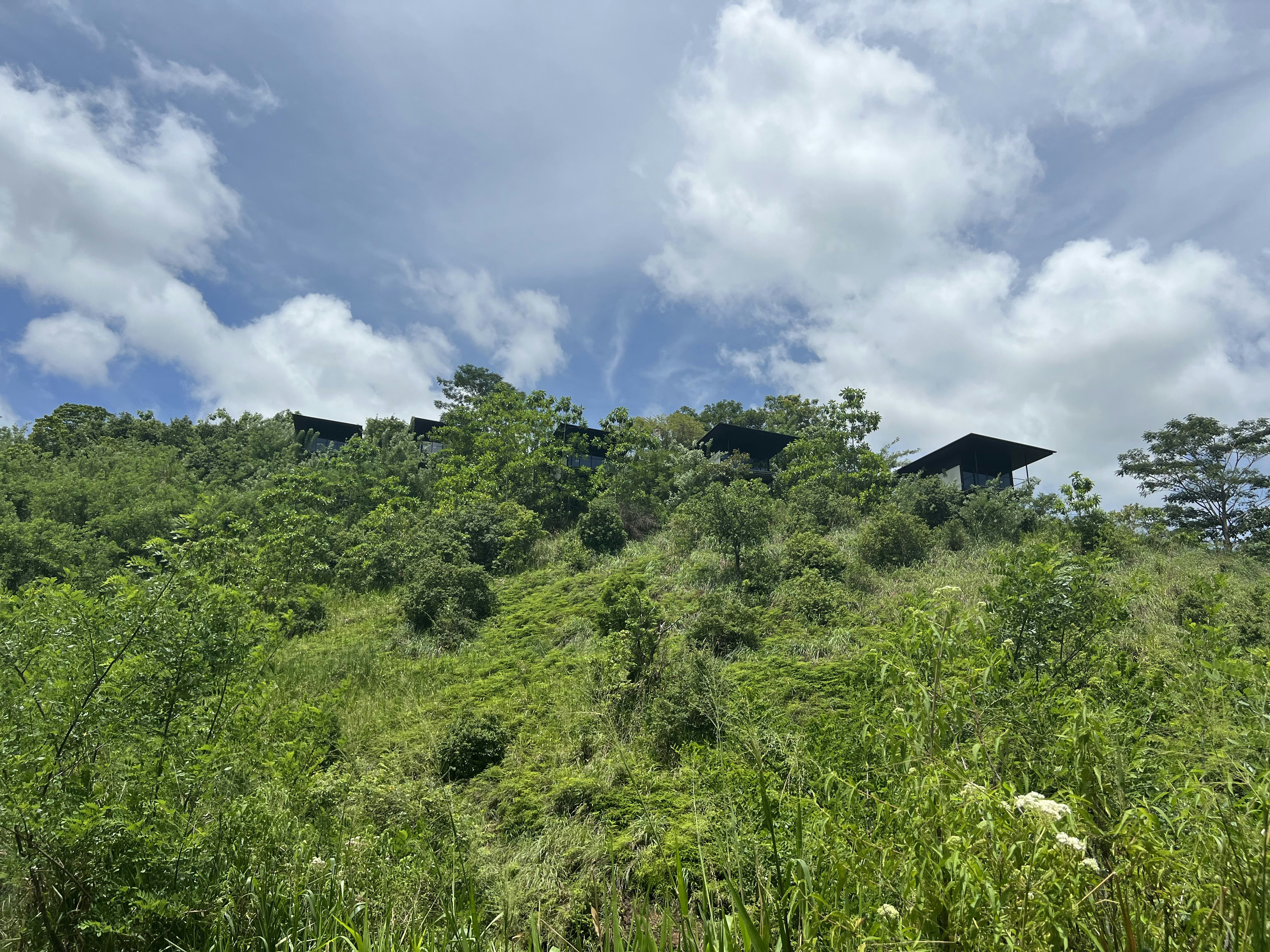 A contemporary structure nestled among lush greenery on a hillside, framed by a vibrant sky with scattered clouds.