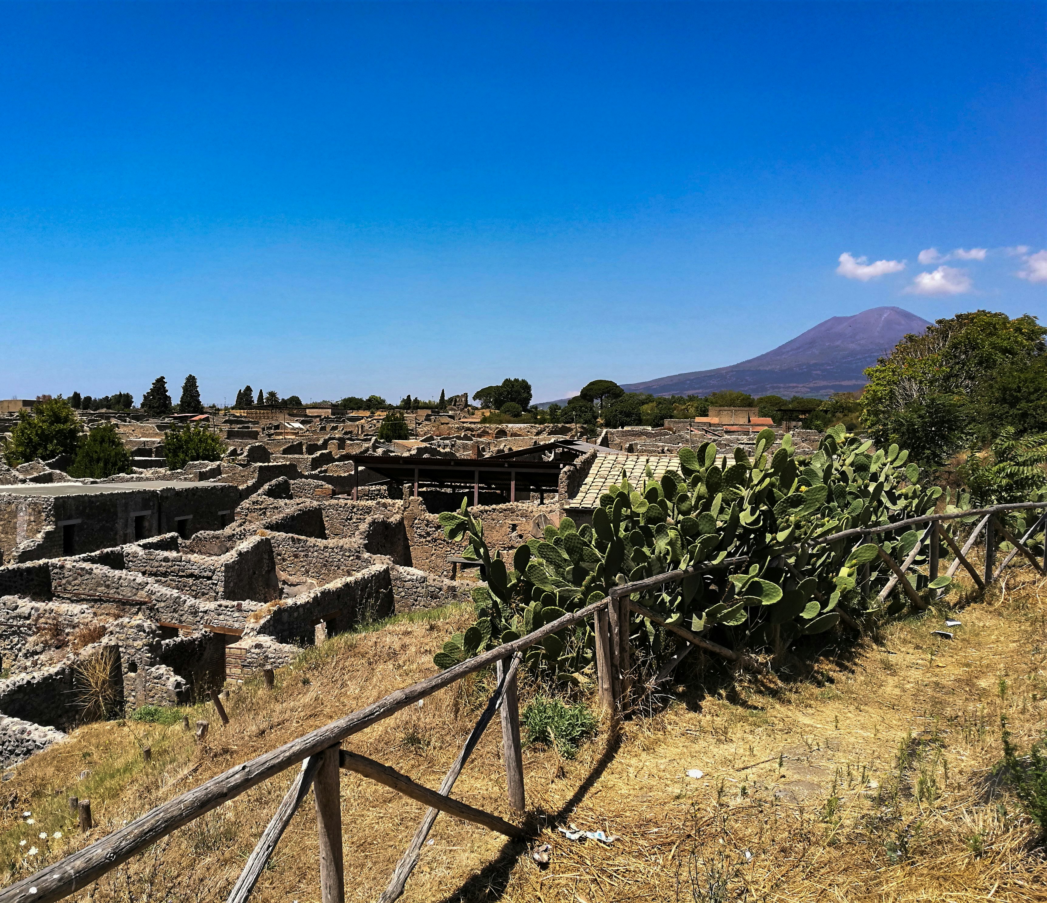 Stone ruins stretch across a sunlit landscape, with a towering volcano under a clear blue sky.