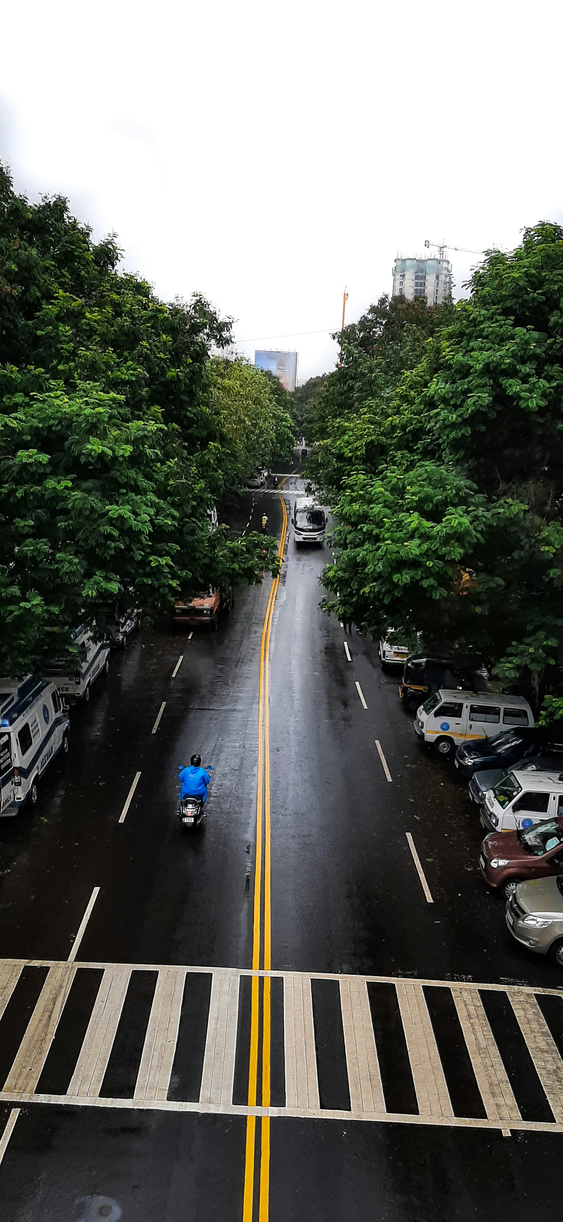 Blue-jacket rider threads through a rain-slick city avenue
