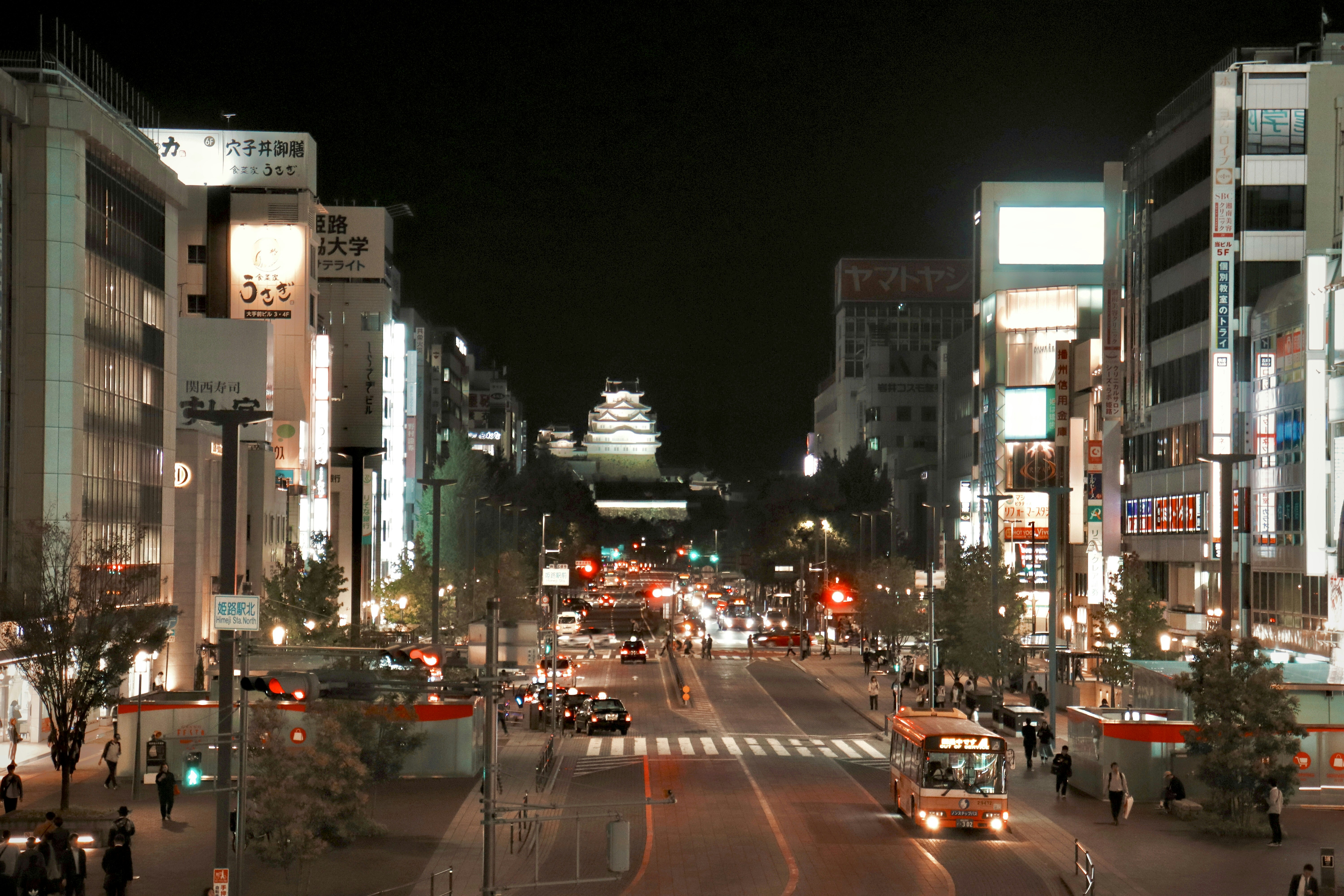Busy city street illuminated by neon signs and headlights, with blurred motion of cars and pedestrians at night.