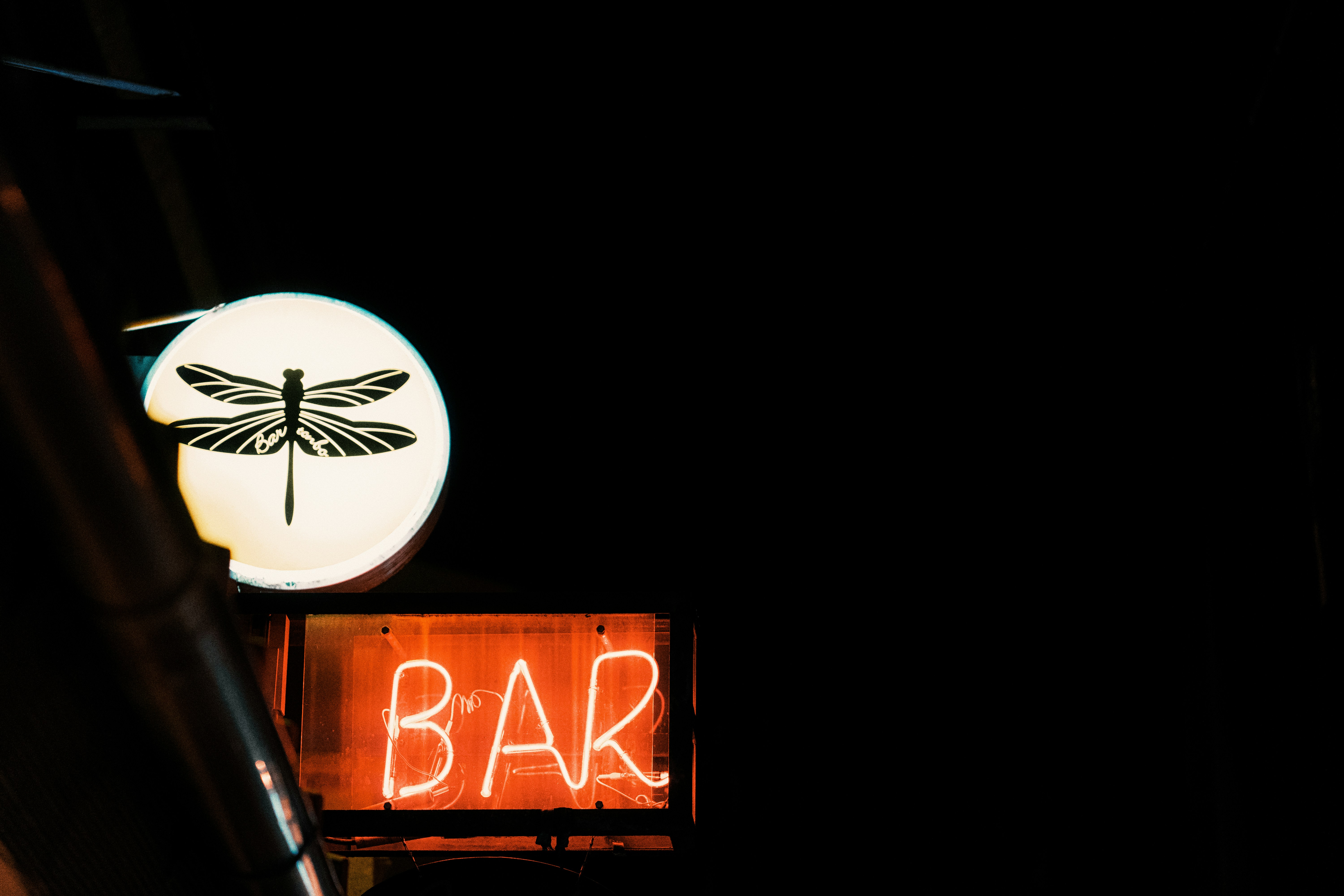 Neon Bar Sign and Dragonfly Emblem in Night Street