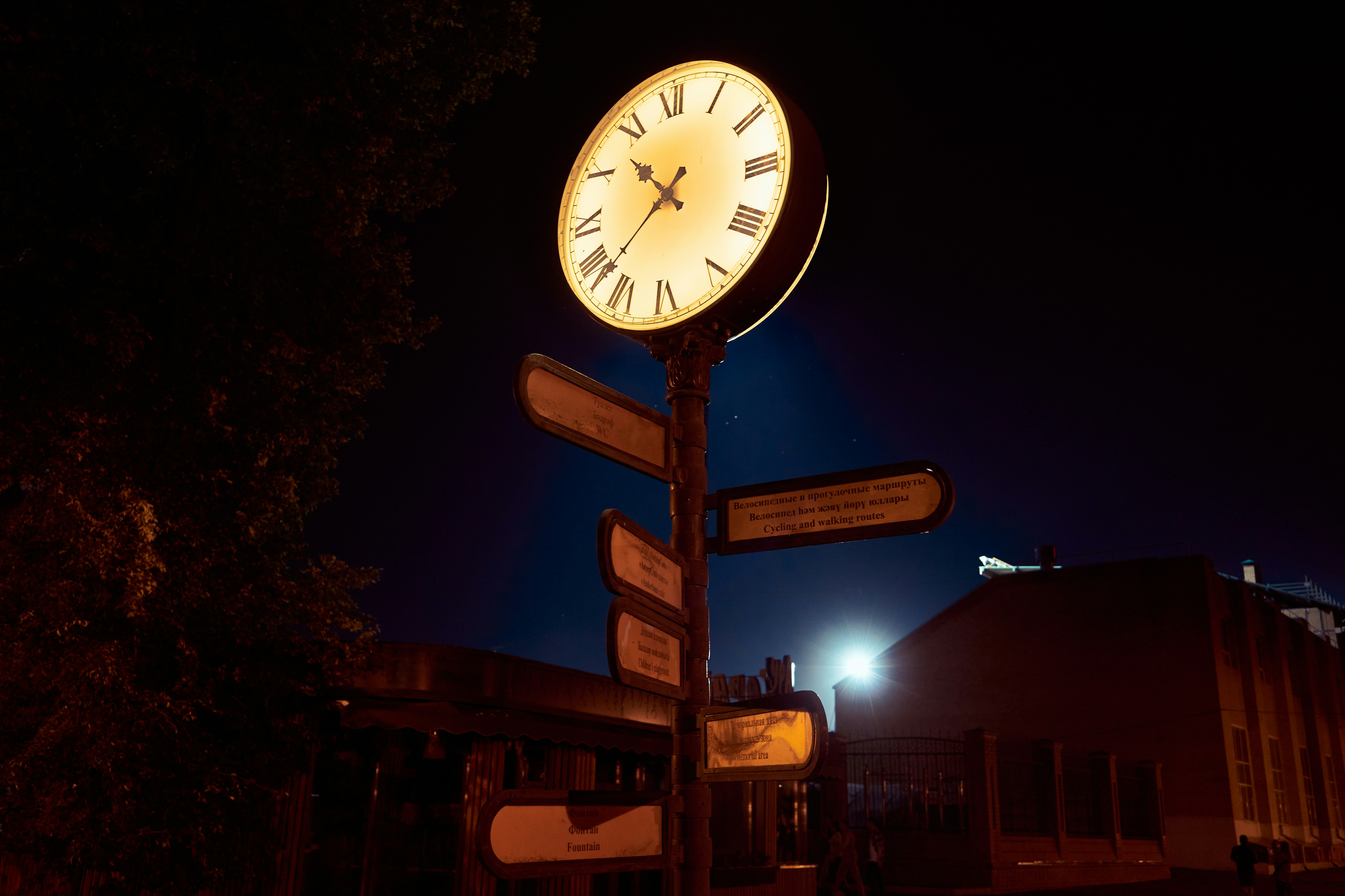 Nocturnal Clockpost: A Quiet Signpost Under Night Sky
