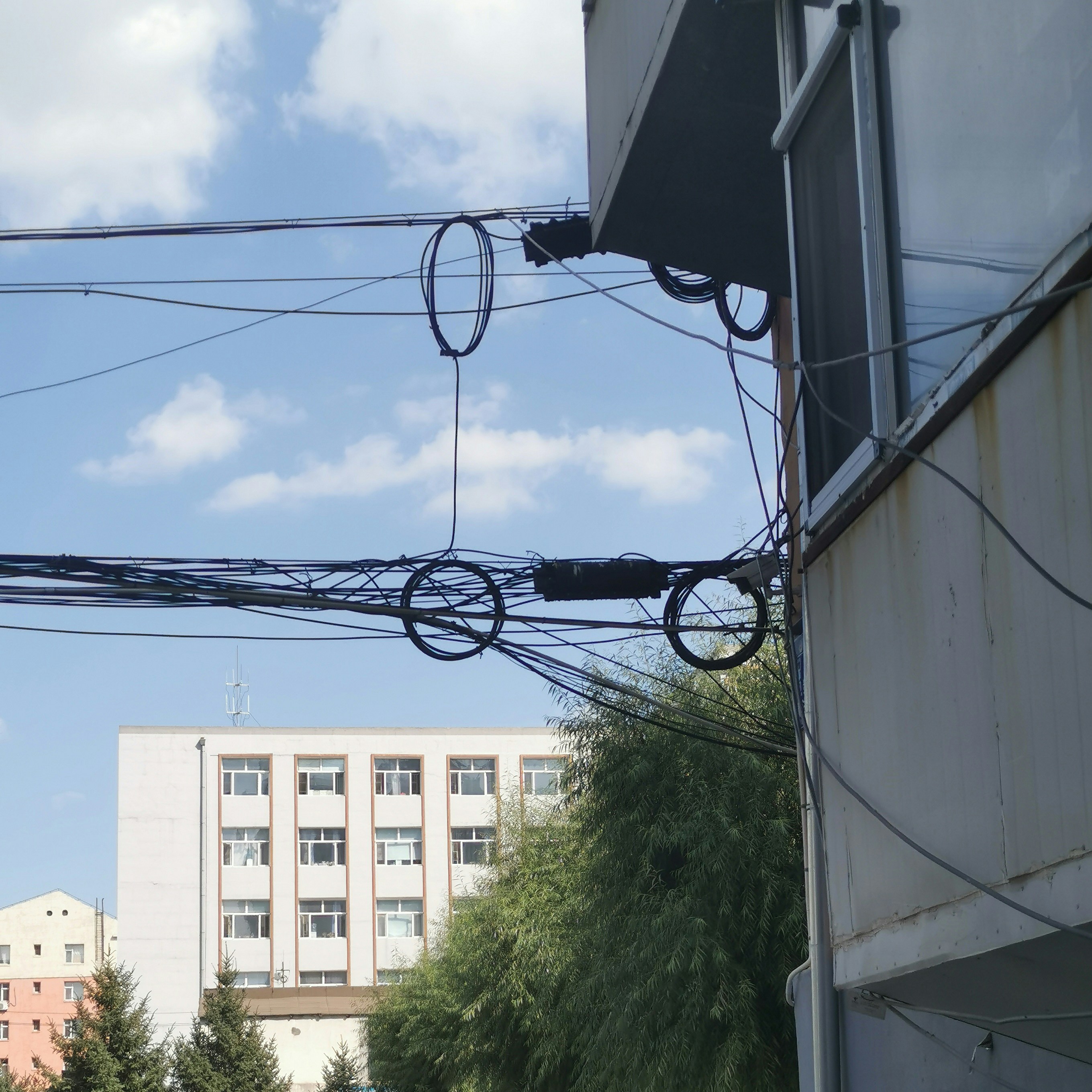 Electric wires crisscrossing against a backdrop of buildings and a clear blue sky, highlighting urban life. The image captures a moment of everyday architecture.