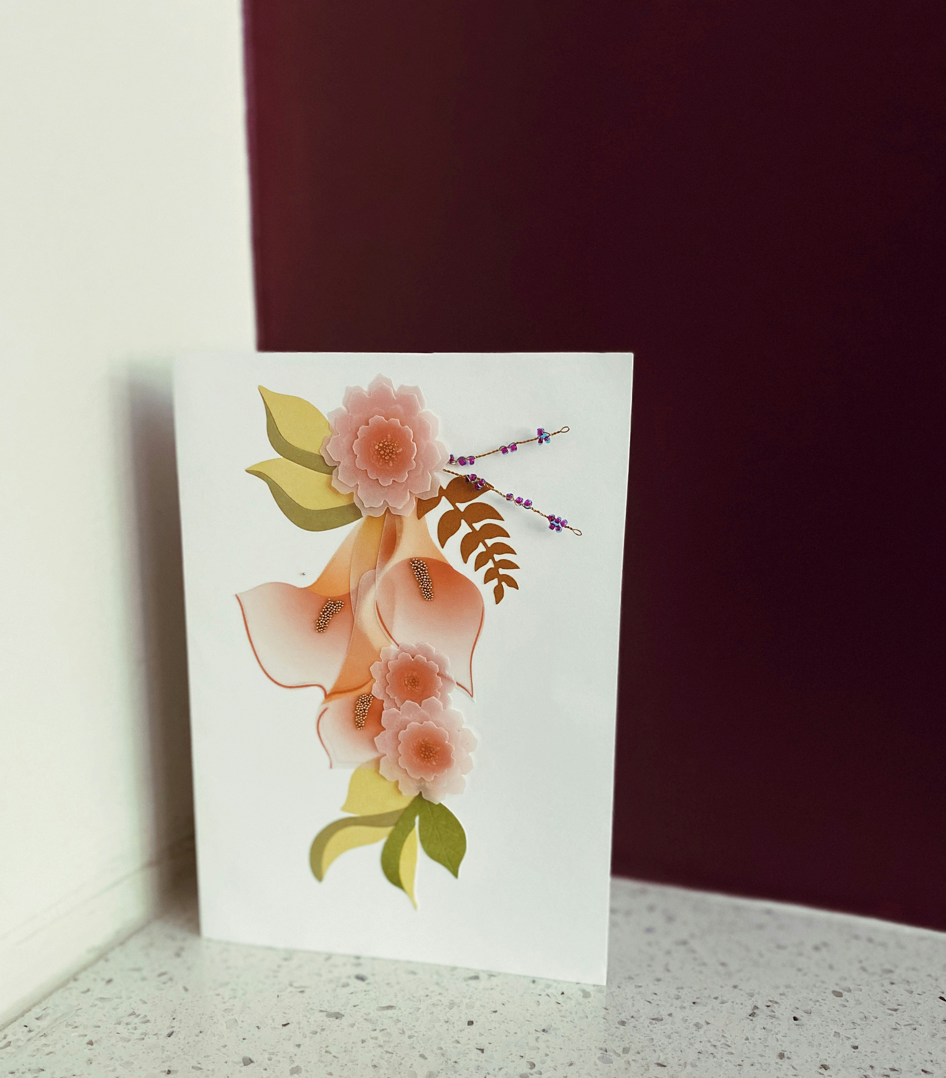 Corner Bloom: Peach Florals on a White Greeting Card