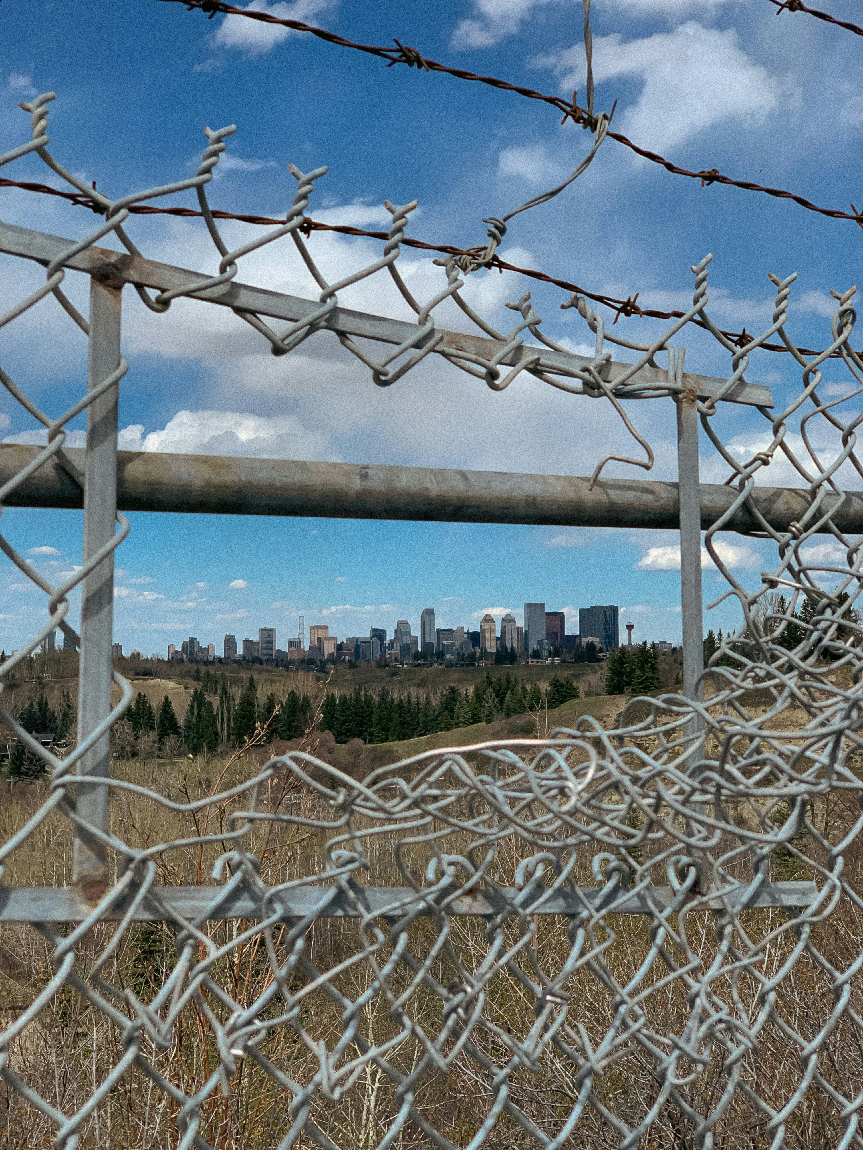 A fenced off area with a city in the background photo – Free Calgary ...