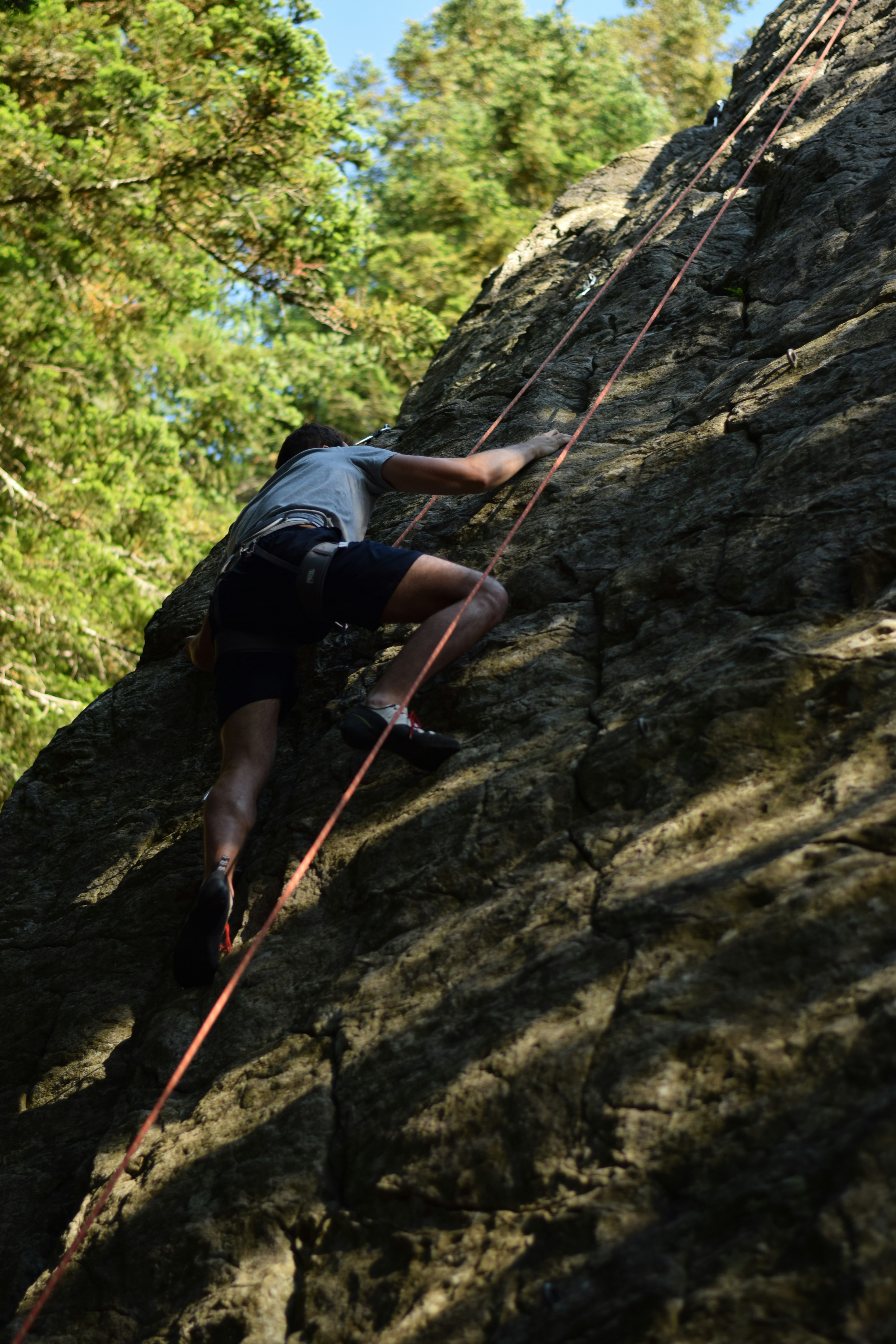 Red Ropes on Granite: A Climber's Determined Ascent under Forest Light