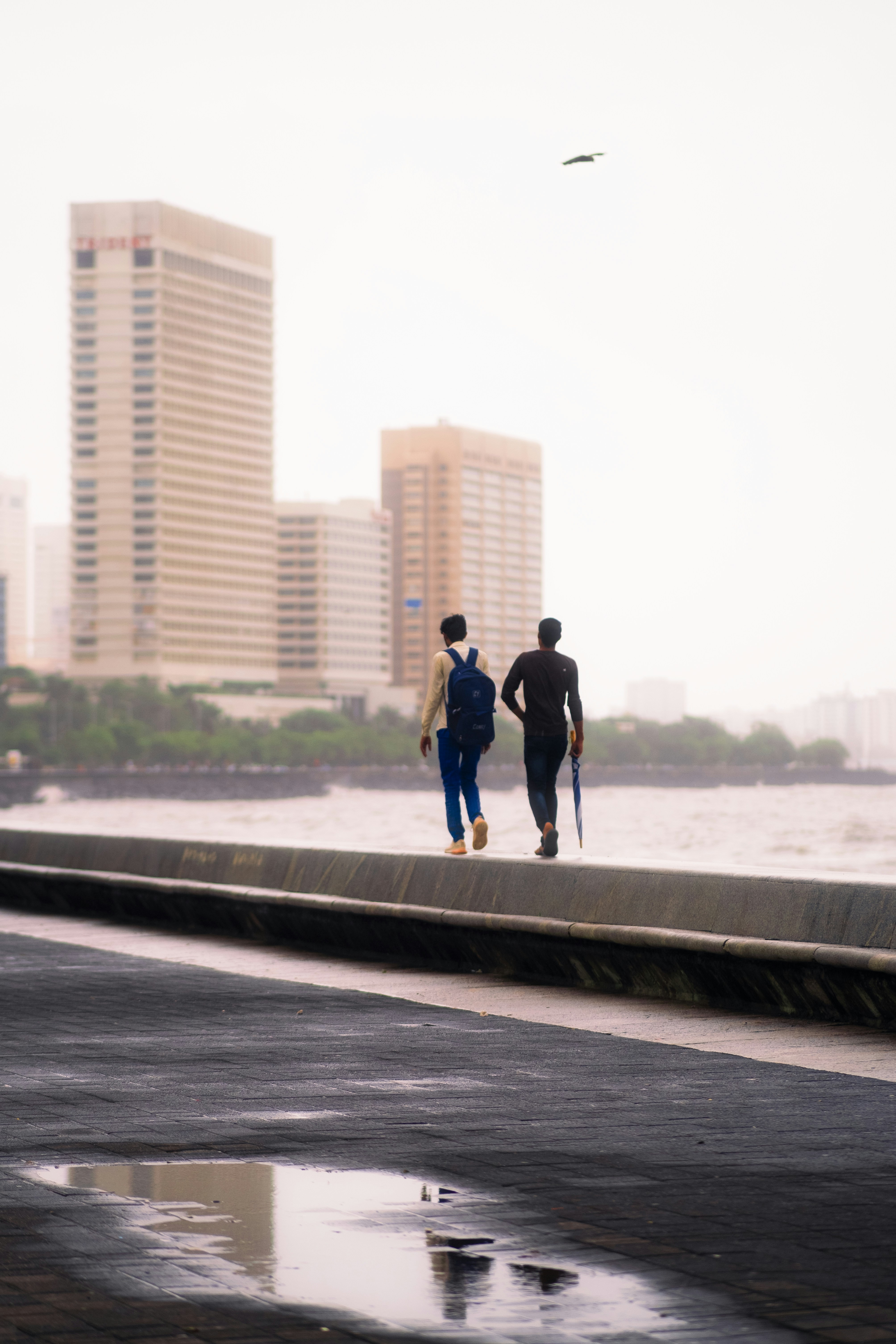 Two figures walking along a waterfront promenade, with modern skyscrapers in the background and a gray, overcast sky above.