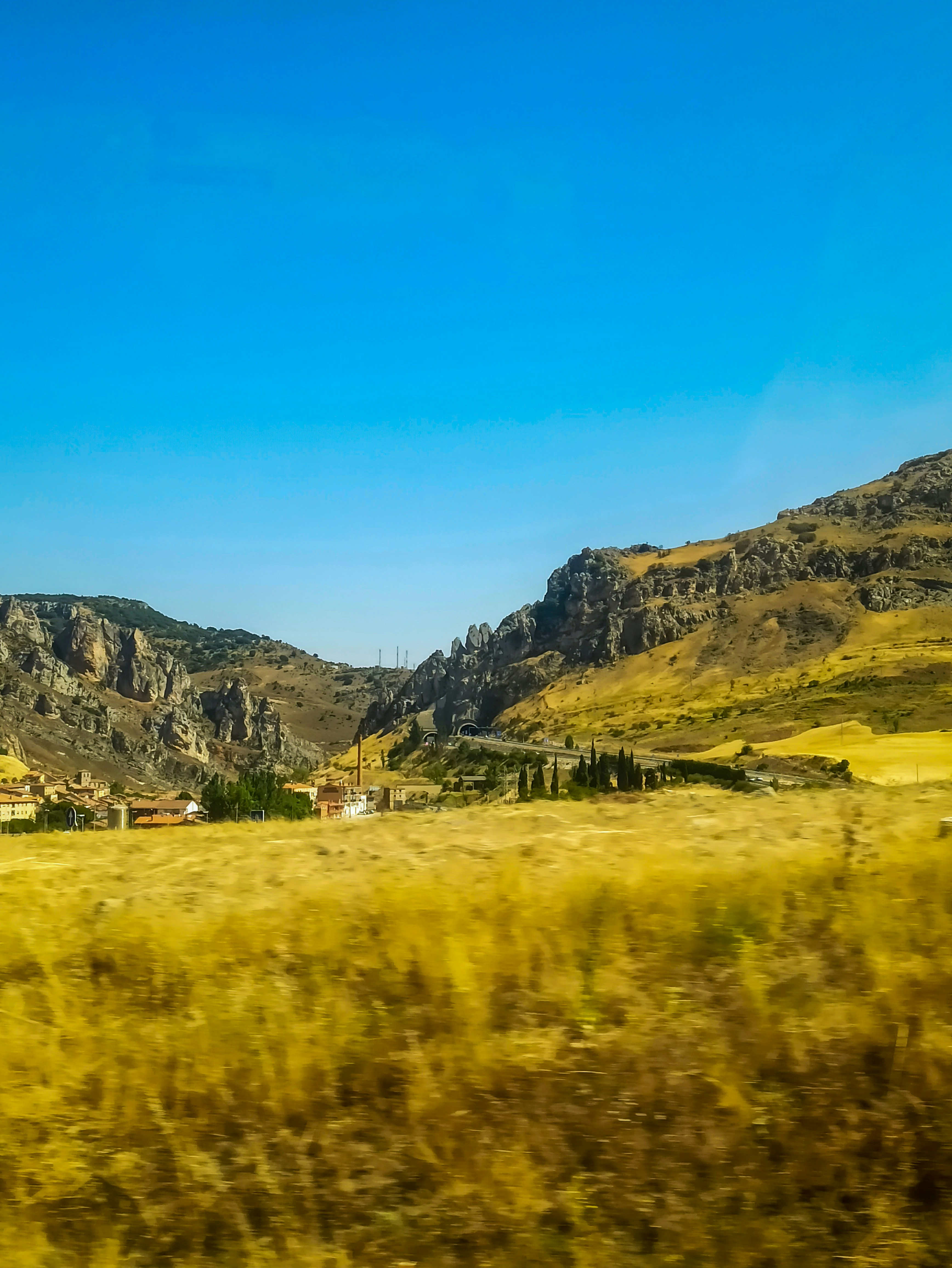 Vast golden fields stretch towards rocky hills under a clear blue sky, showcasing the serene beauty of the landscape.